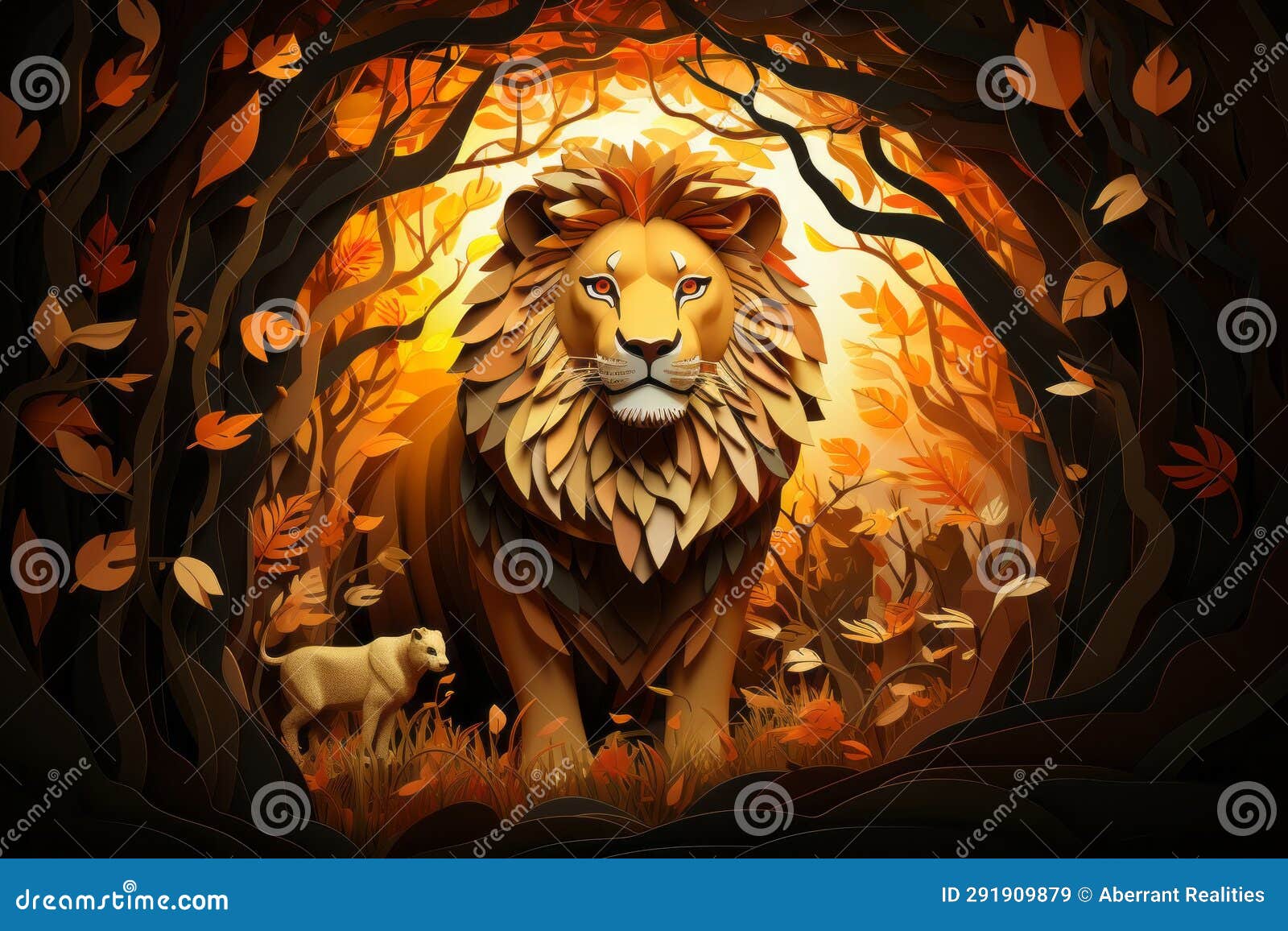 A Lion in the Forest with Autumn Leaves Stock Illustration ...