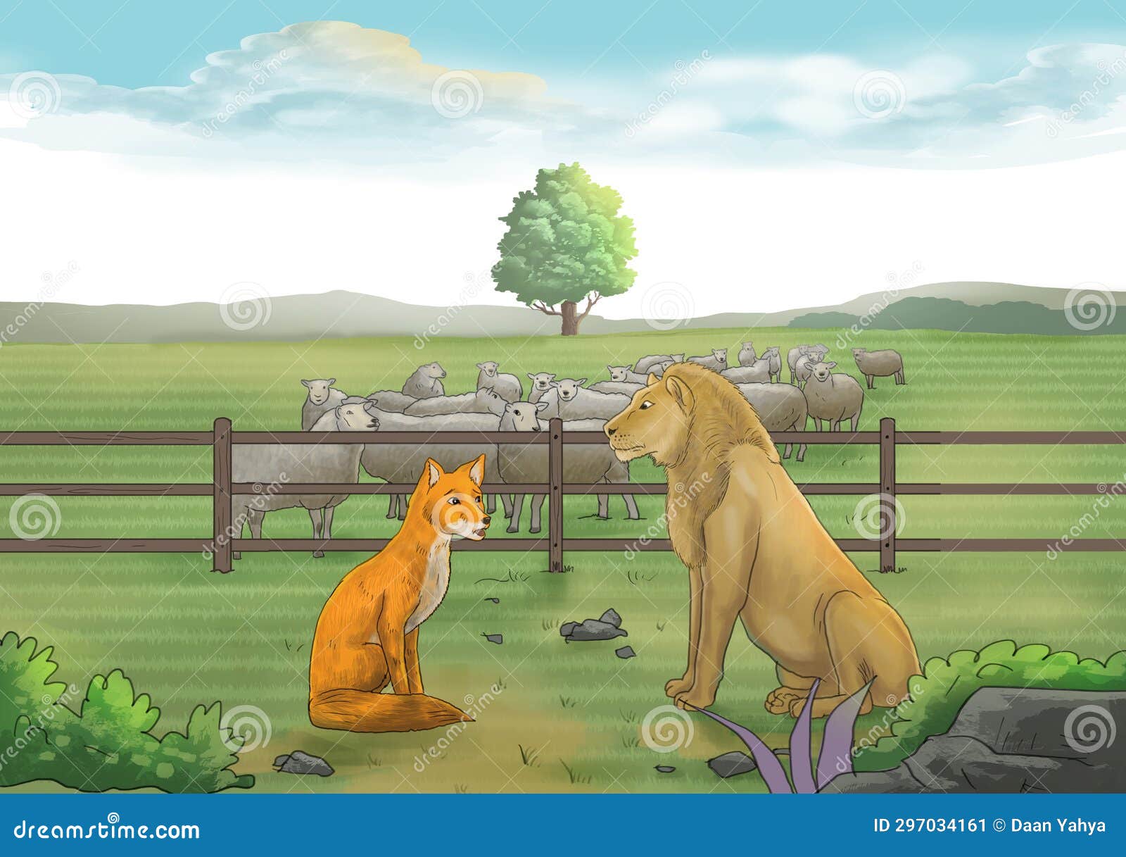 Lion and Fox Talking in Front of a Flock of Sheep Illustration Stock ...