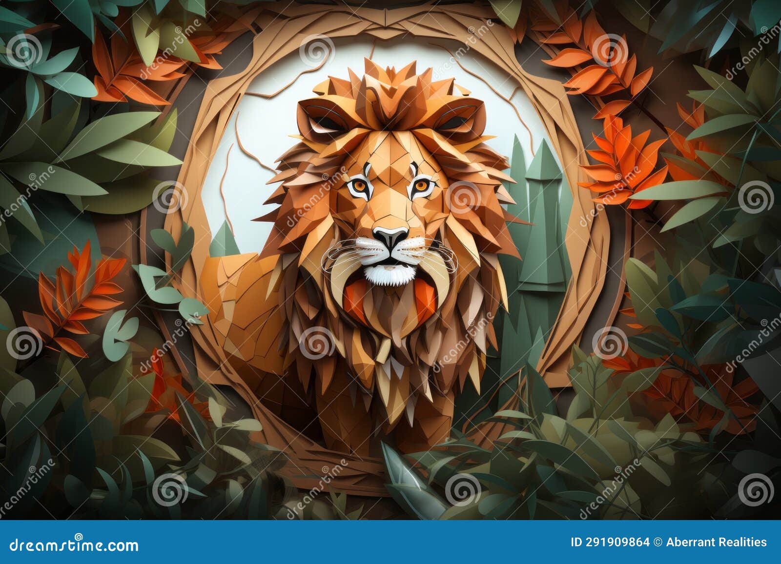 A Lion in a Frame Surrounded by Leaves Stock Illustration ...