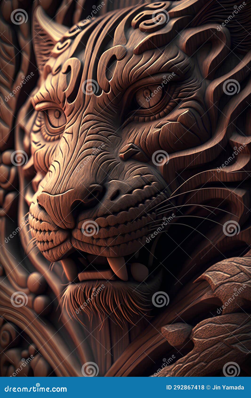 Lion Head with Carved Wood Texture. 3D Rendering Illustration Stock ...