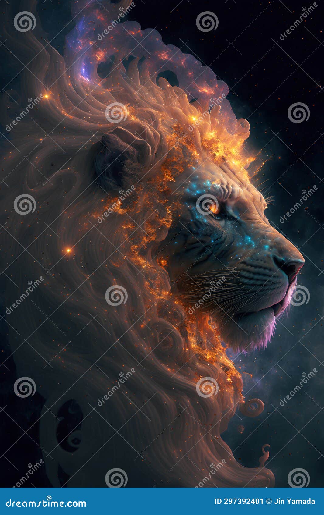 Lion Head with Fire Flames in the Universe. 3D Rendering Stock ...