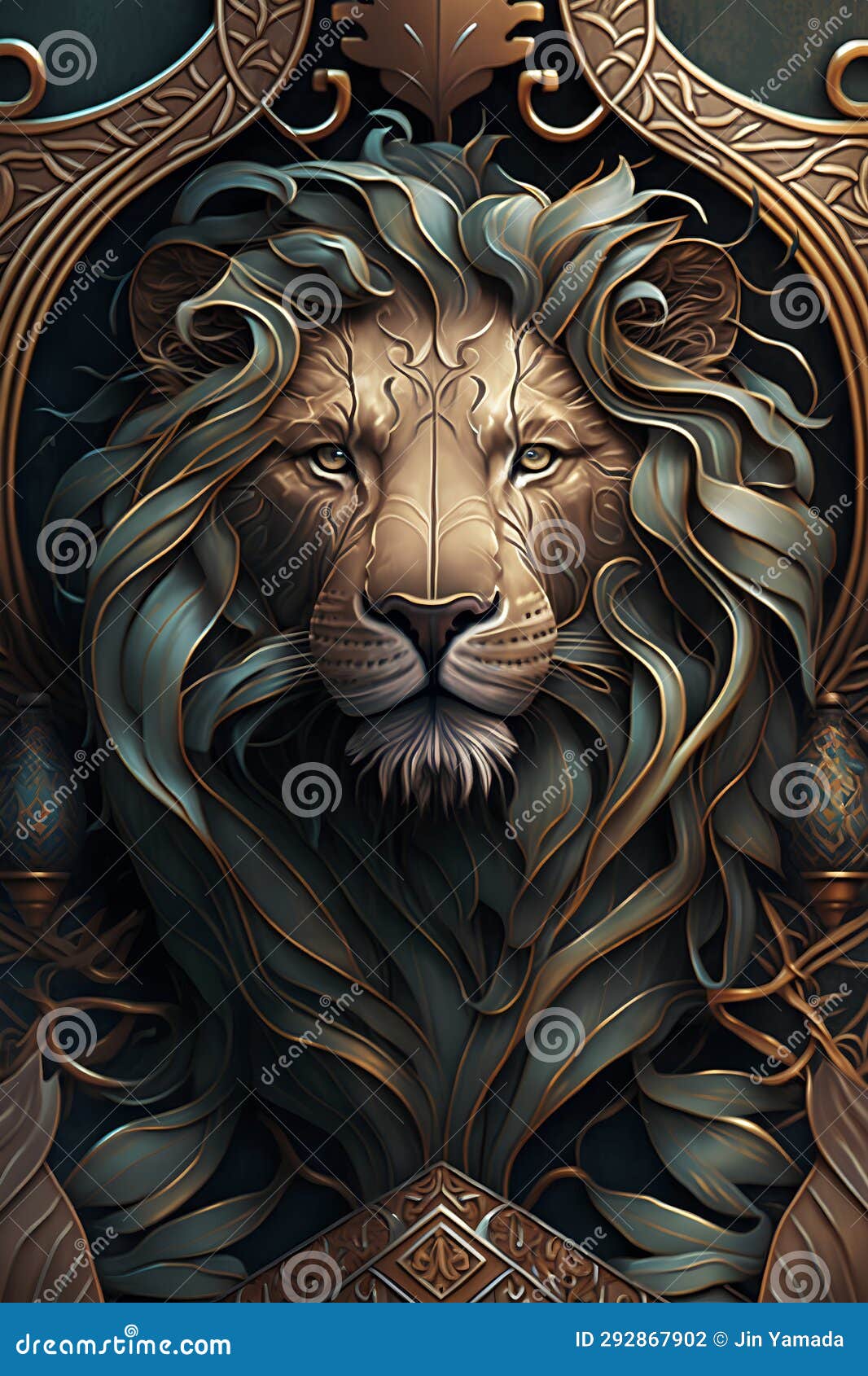 Lion Head in a Golden Frame. 3d Rendering. Computer Digital Drawing ...