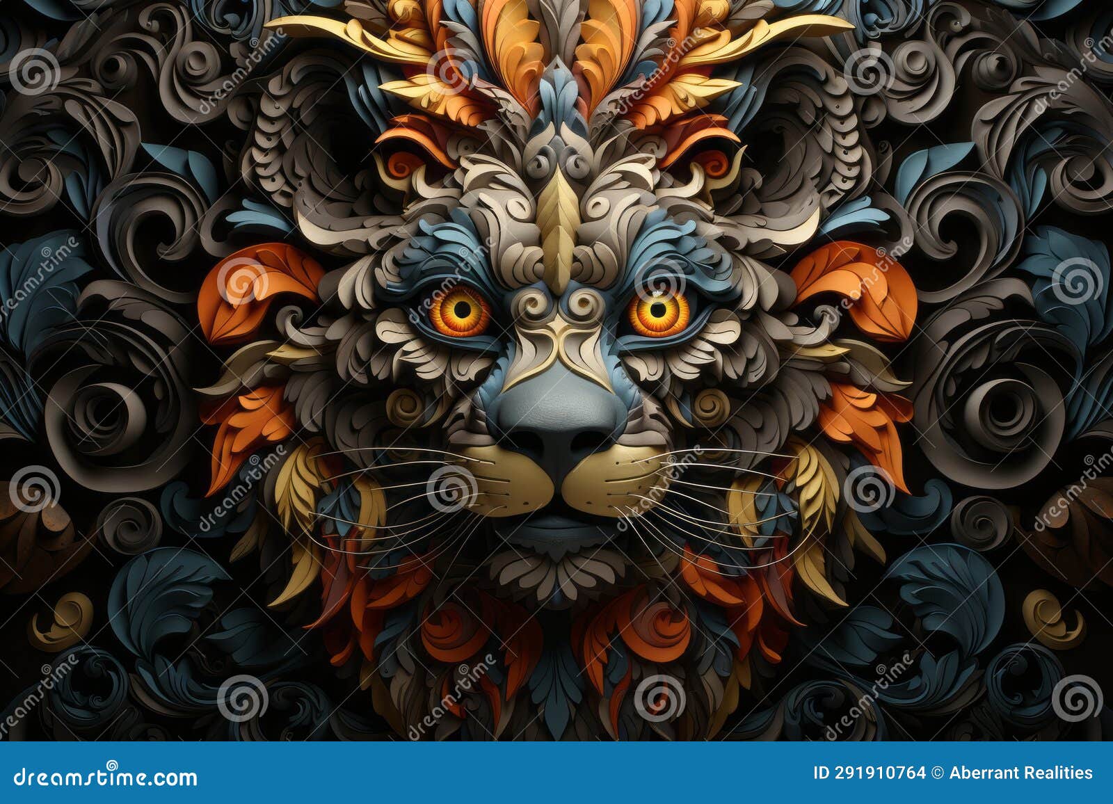 The Lion Head is Surrounded by Ornate Patterns Stock Illustration ...