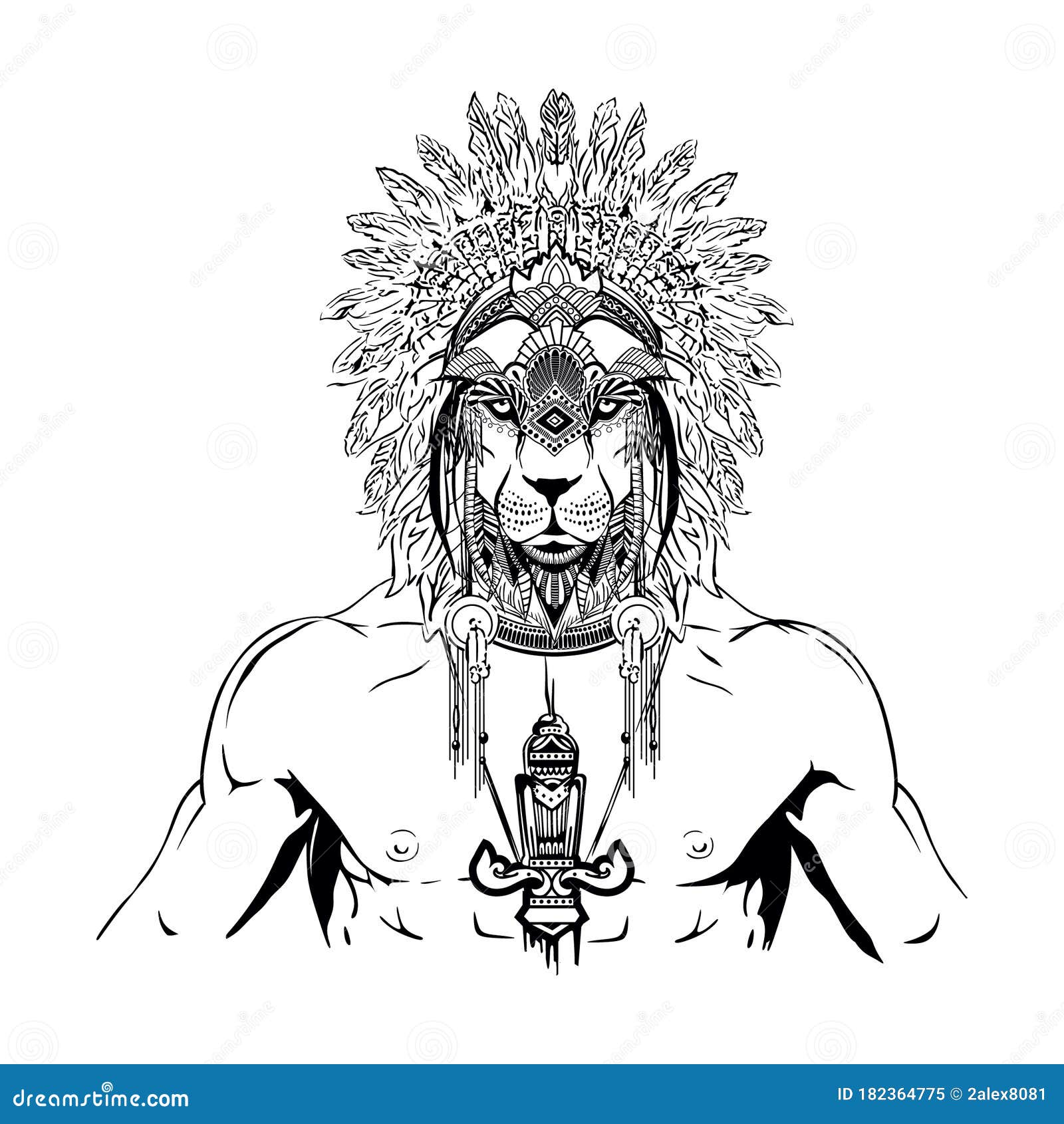 Lion Head On A White Background, A Lion In The Feathers Of An Indian ...