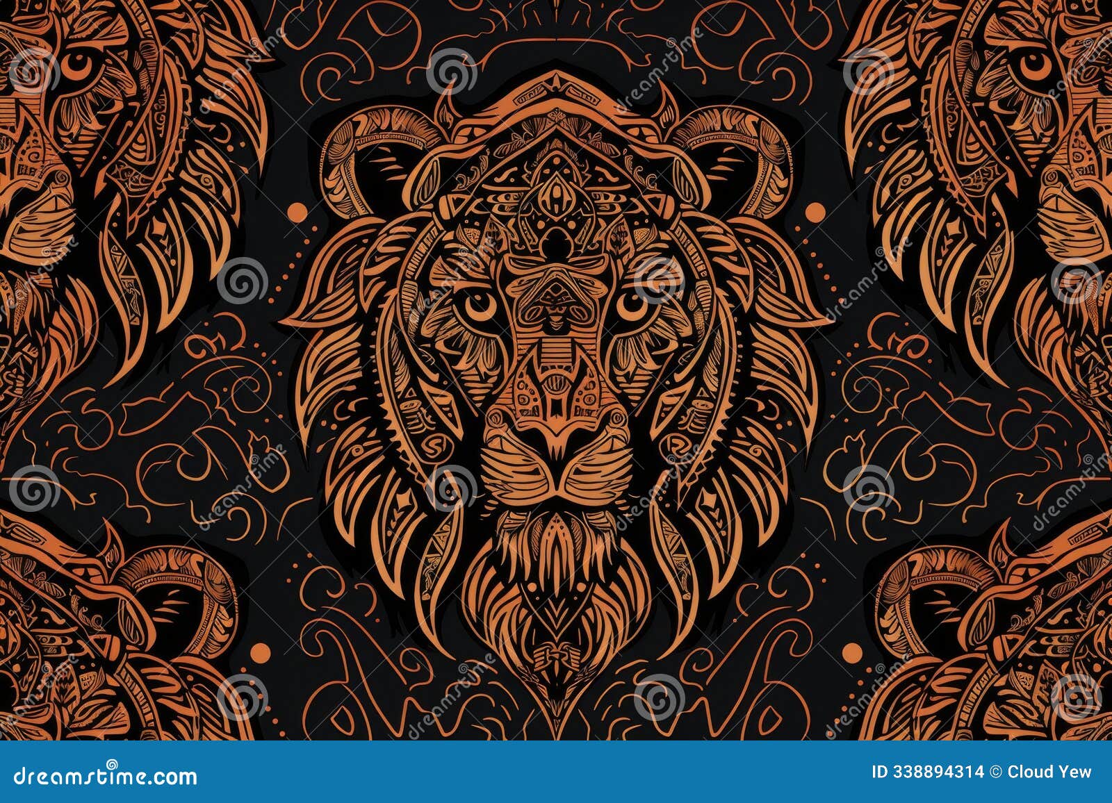 Lion Heads with Intricate Tribal Designs in a Pattern Layout. Stock ...