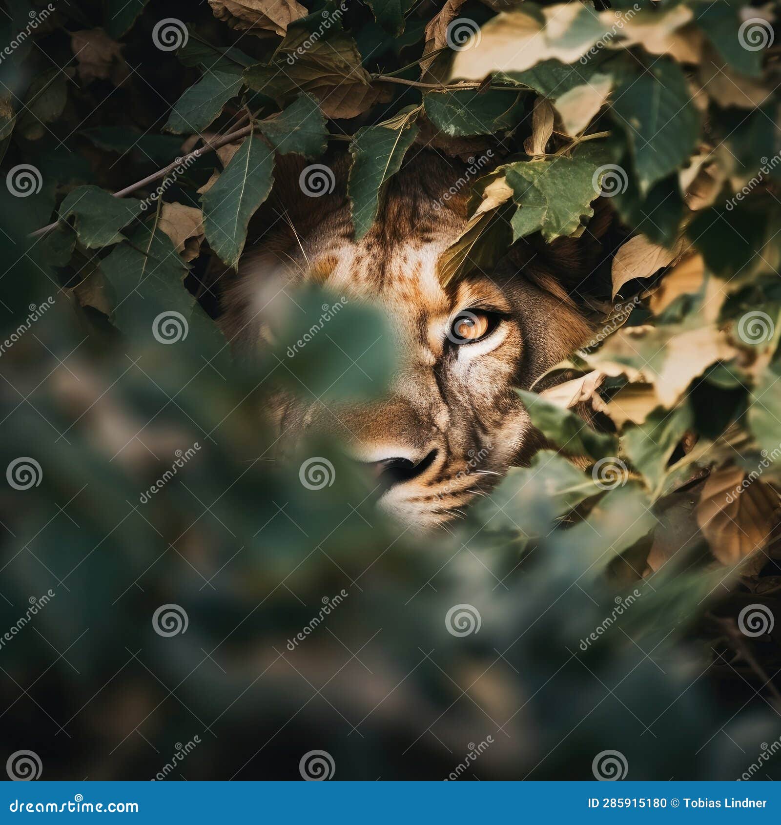 Lion Hiding Behind Tree Branches Stock Illustration - Illustration of ...