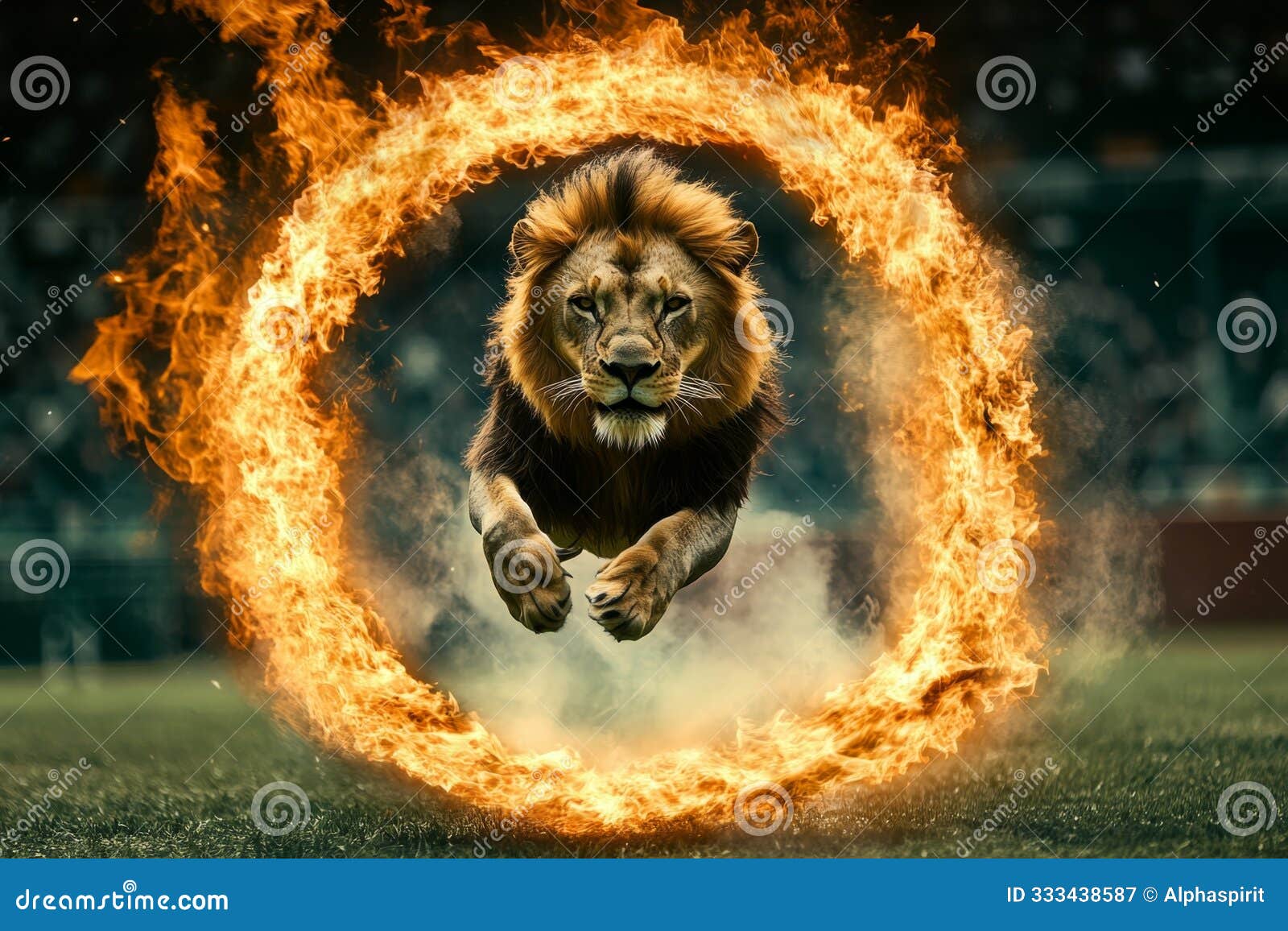 Lion Jumping through a Ring of Fire in a Stadium Stock Image - Image of ...
