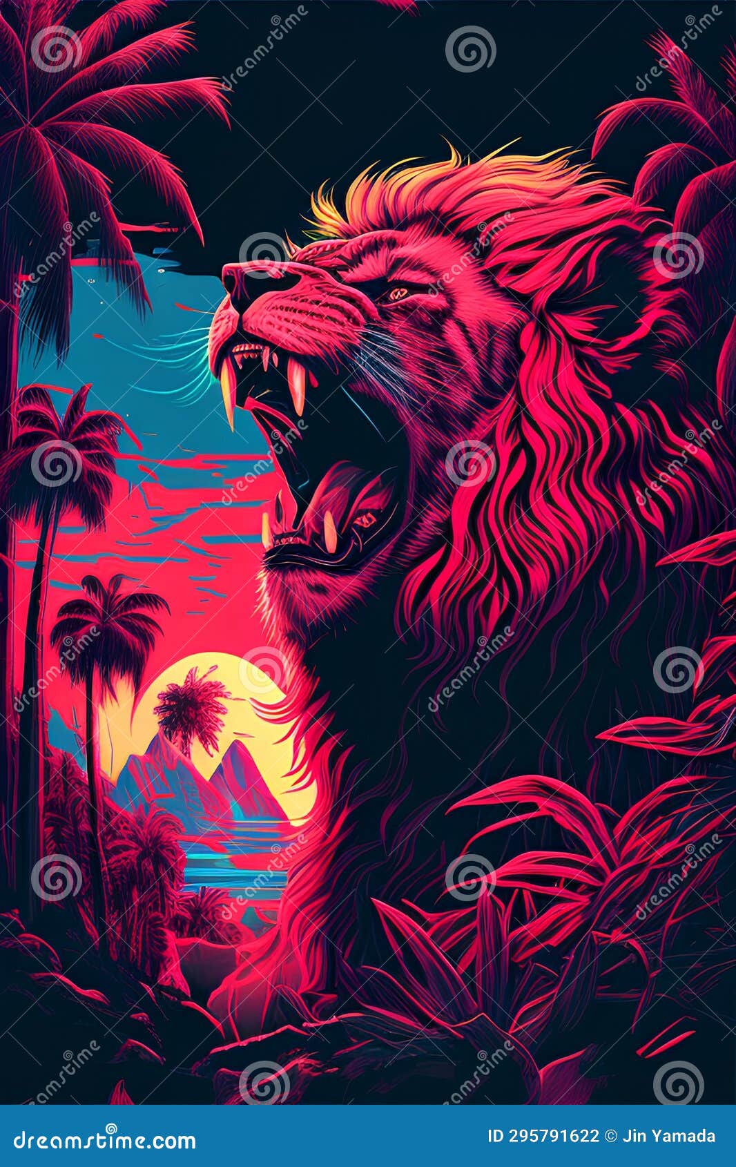 Lion in the Jungle with Palm Trees and Sunset. Vector Illustration ...