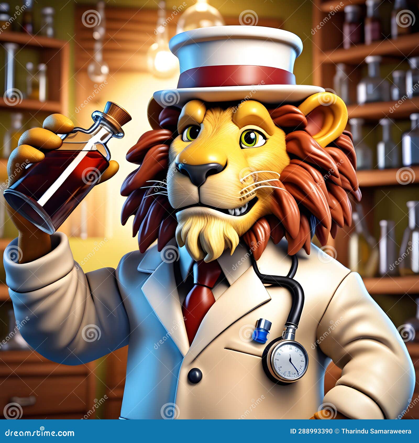 Lion with a Laboratory Cloth Holding a Flask Stock Illustration ...