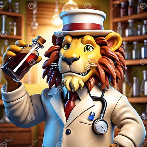 Lion with a Laboratory Cloth Holding a Flask Stock Illustration ...