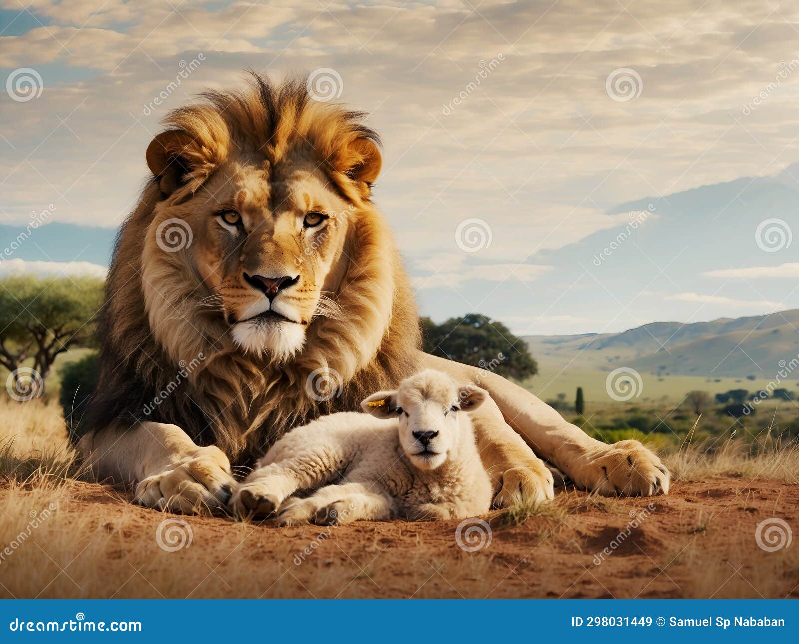 Lion and Lamb Lay Down Together in the Field Stock Illustration ...
