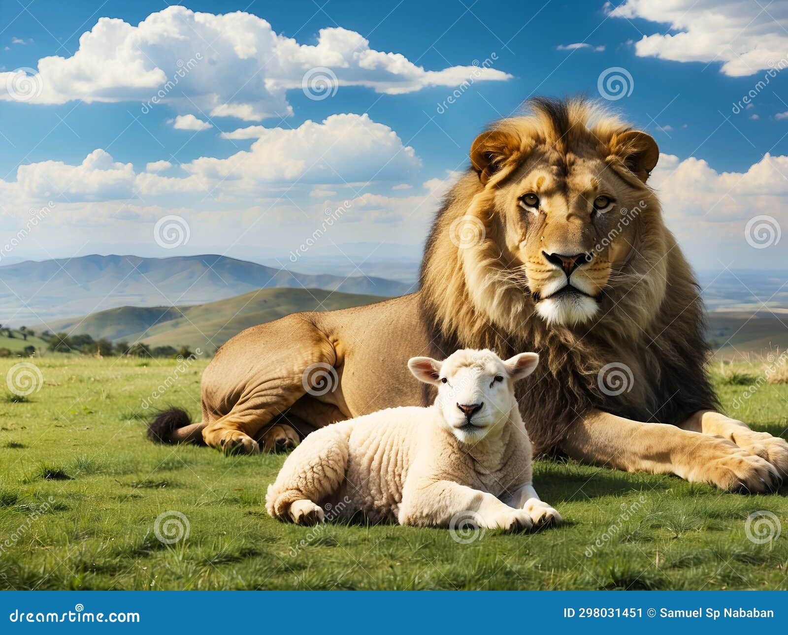 Lion and Lamb Lay Down Together in the Field Stock Illustration ...