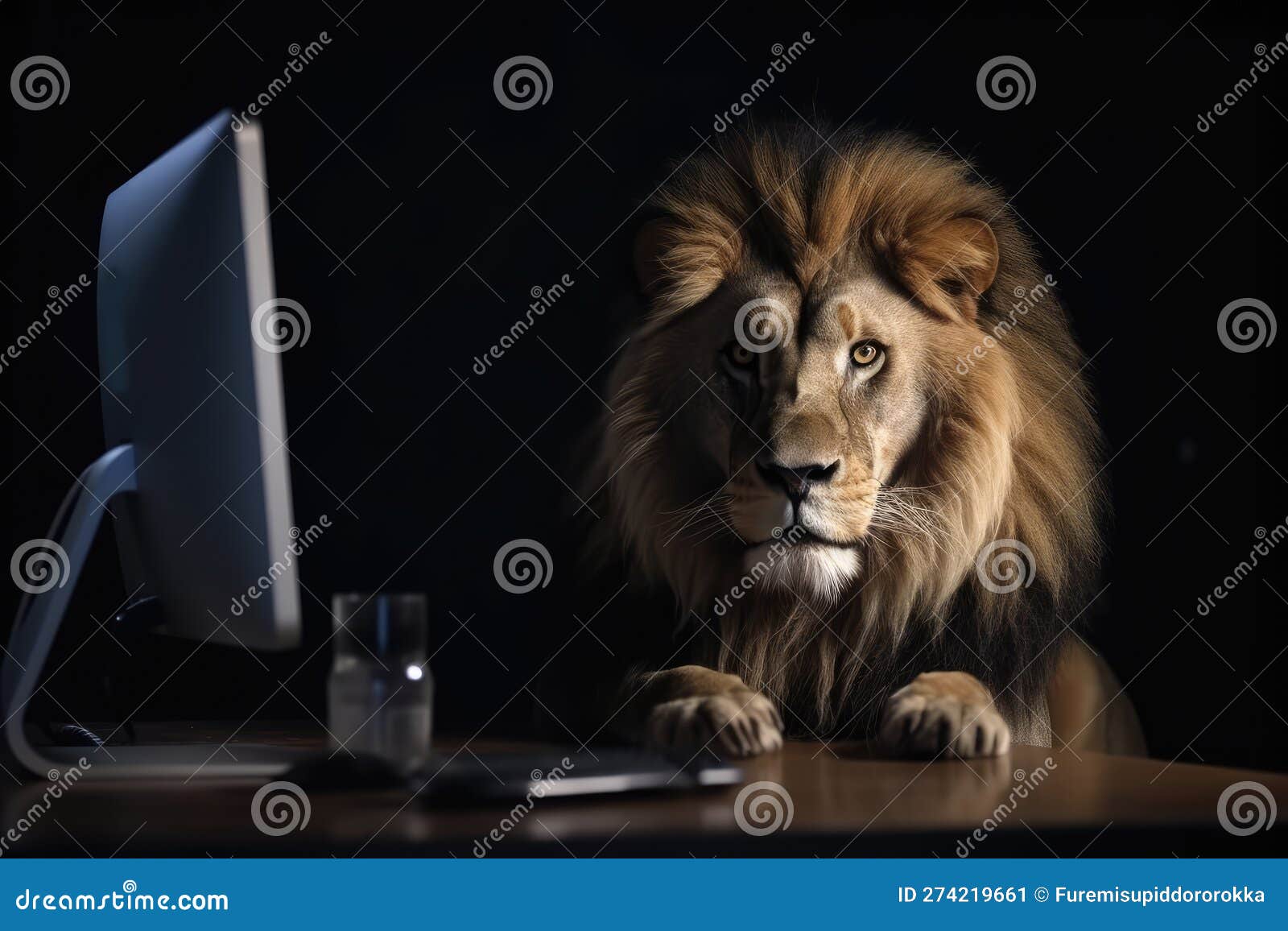 The Lion Sits in Front of the Computer Generative AI Stock Illustration ...