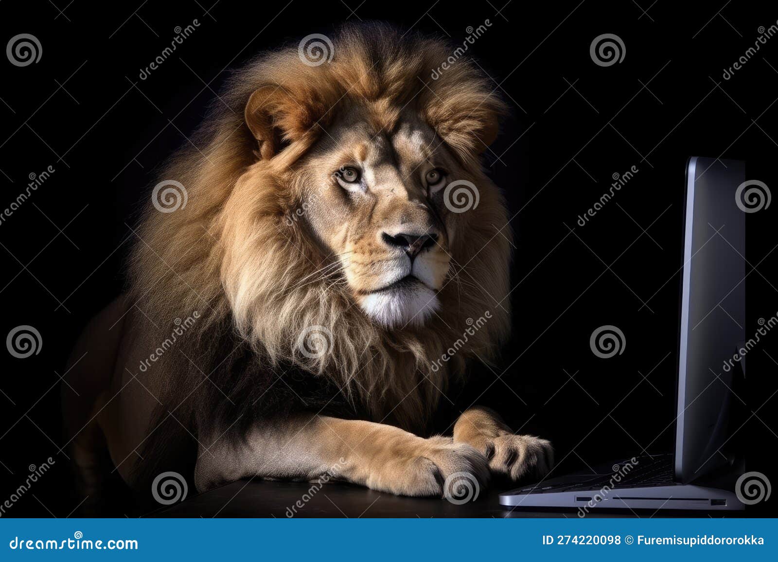 The Lion Sits in Front of the Computer Generative AI Stock Illustration ...