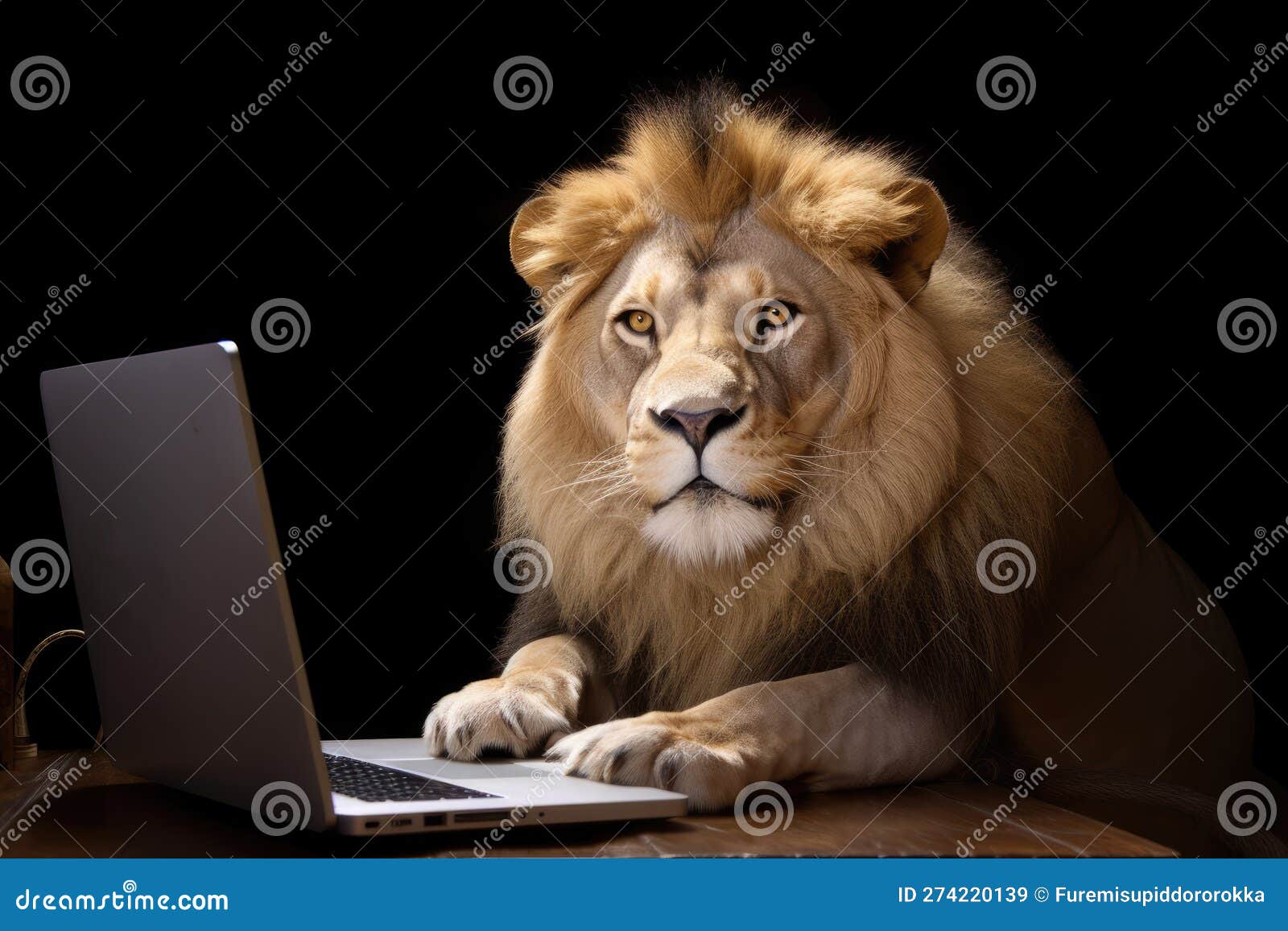 The Lion Sits in Front of the Computer Generative AI Stock Illustration ...