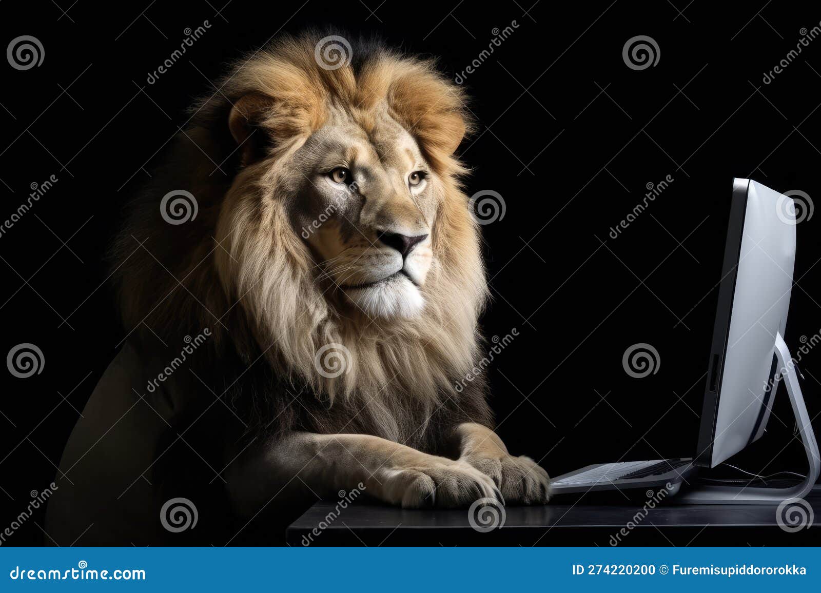 The Lion Sits in Front of the Computer Generative AI Stock Illustration ...