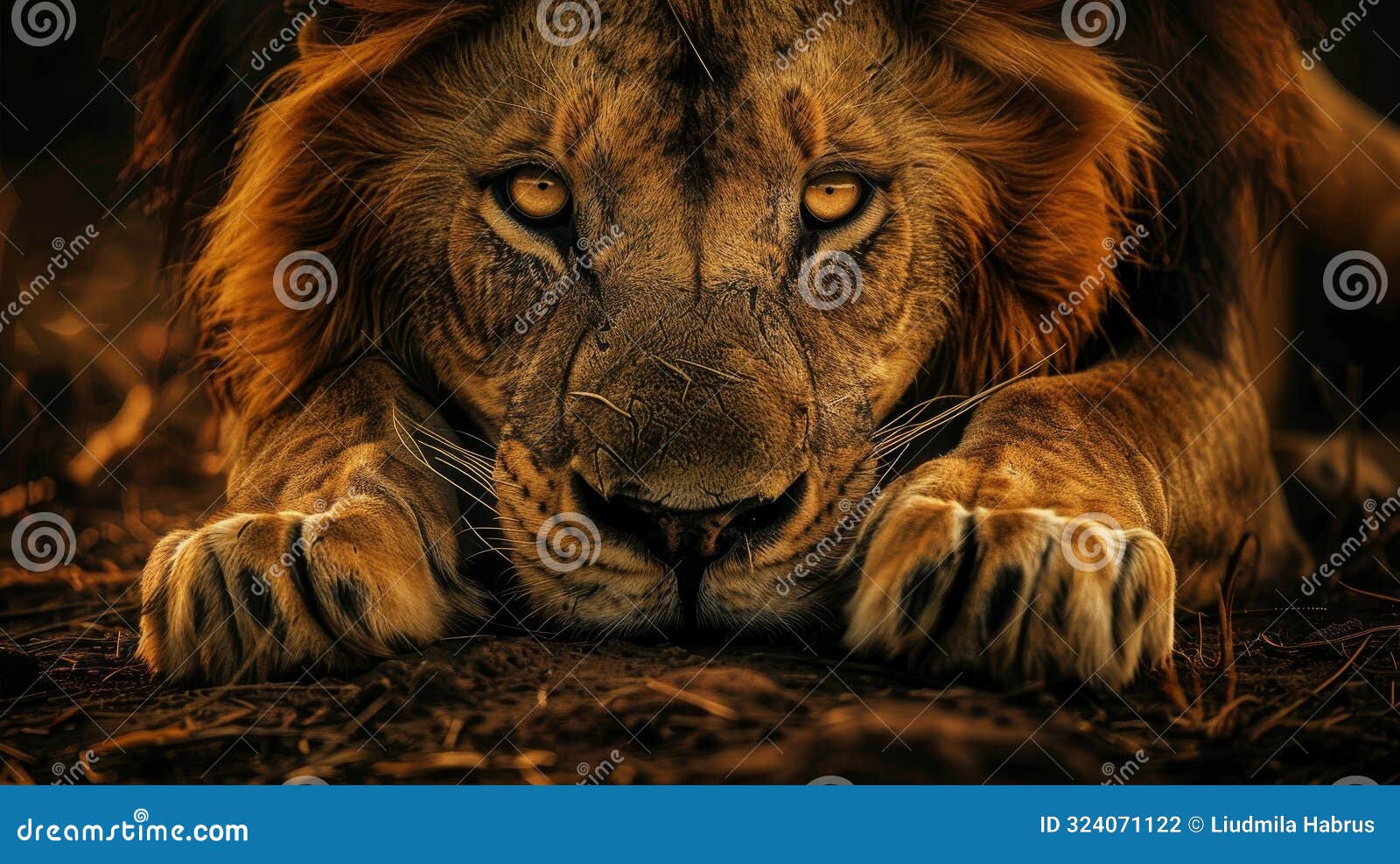 A Lion is Laying Down in the Dirt with Its Eyes Open Stock Photo ...