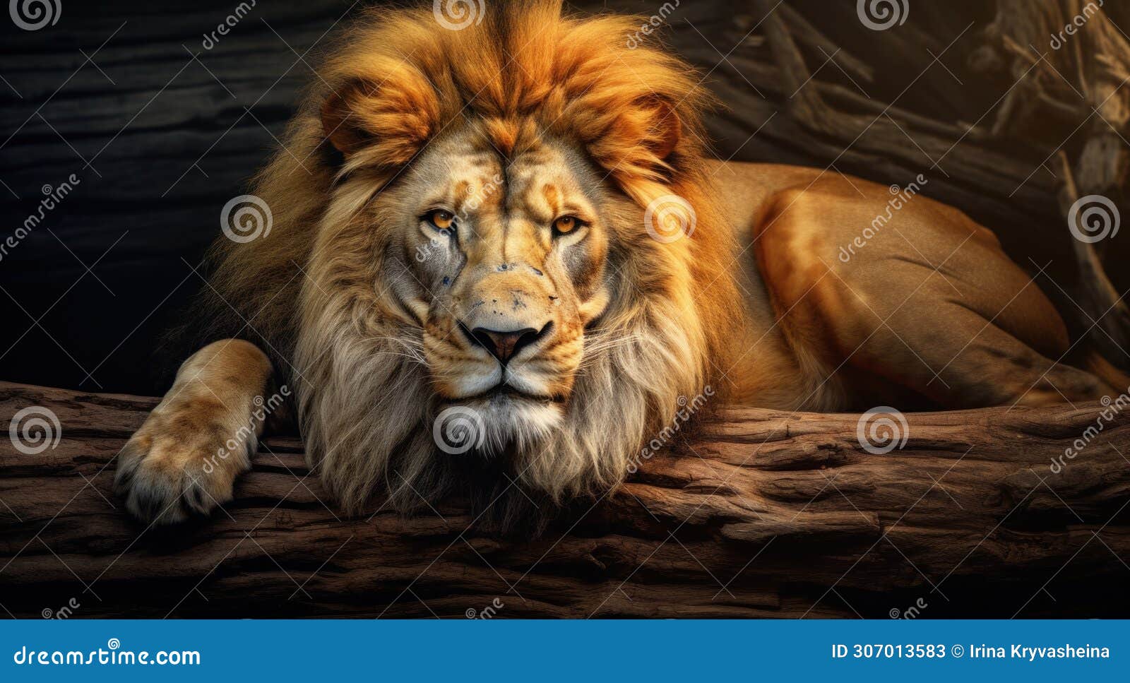 Lion laying down on a log, stock image. Image of african - 307013583