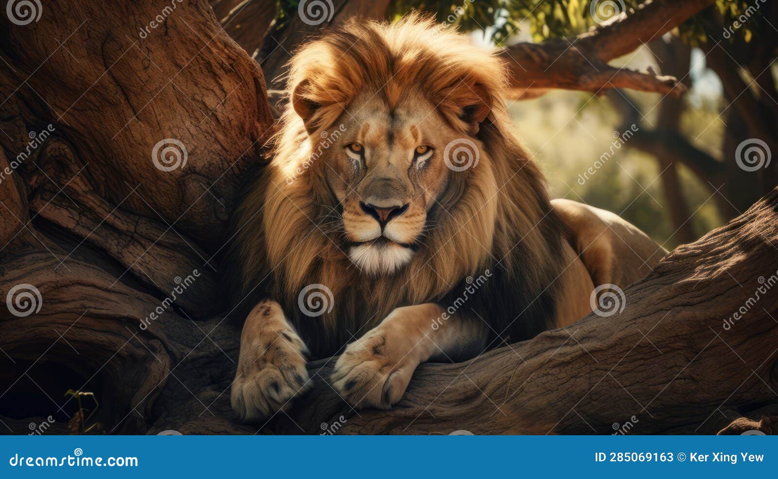 A Lion Laying on Top of a Tree Branch Stock Illustration - Illustration ...