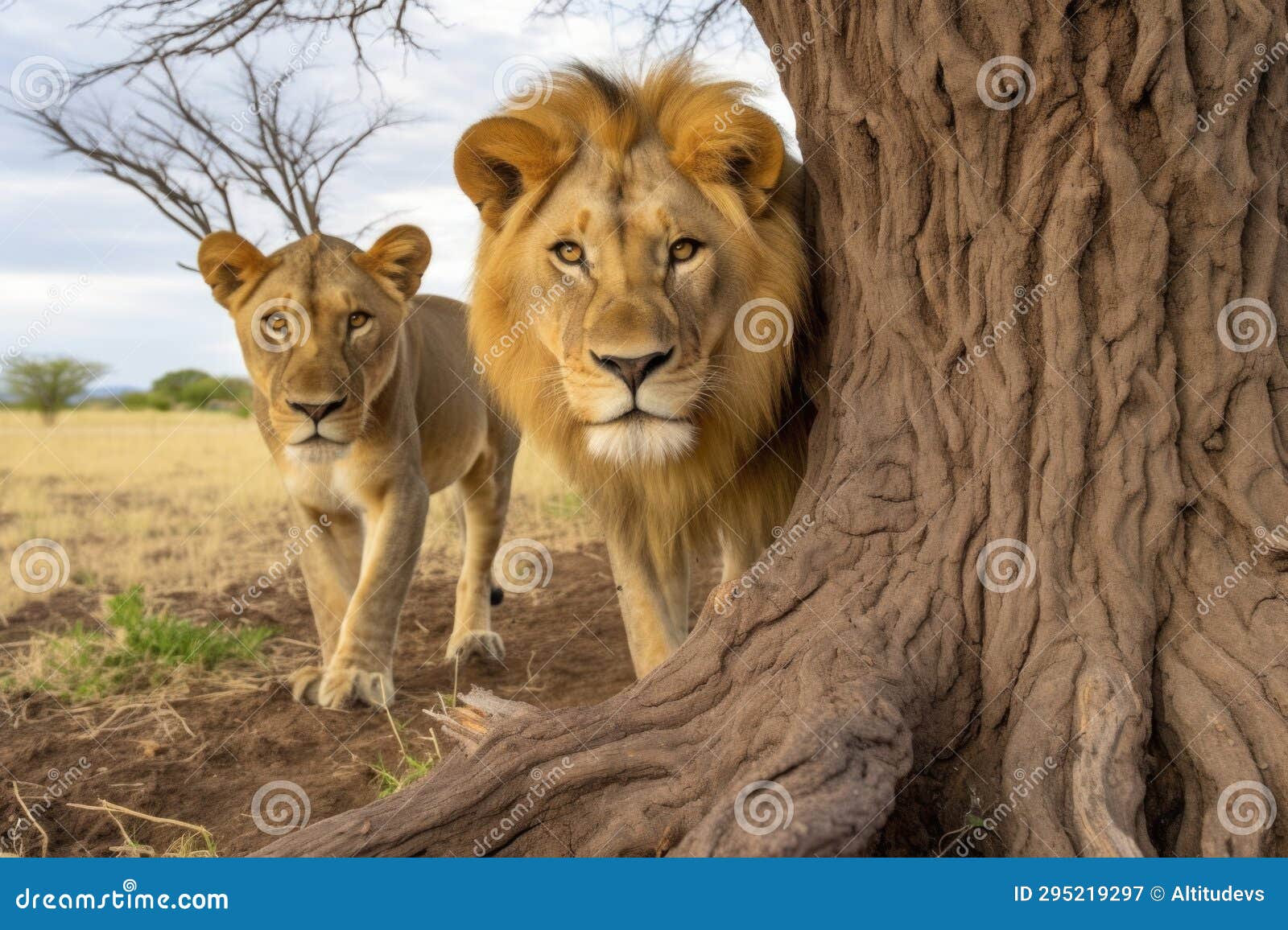 Lion and Lioness Prowling Around the Same Tree Stock Image - Image of ...