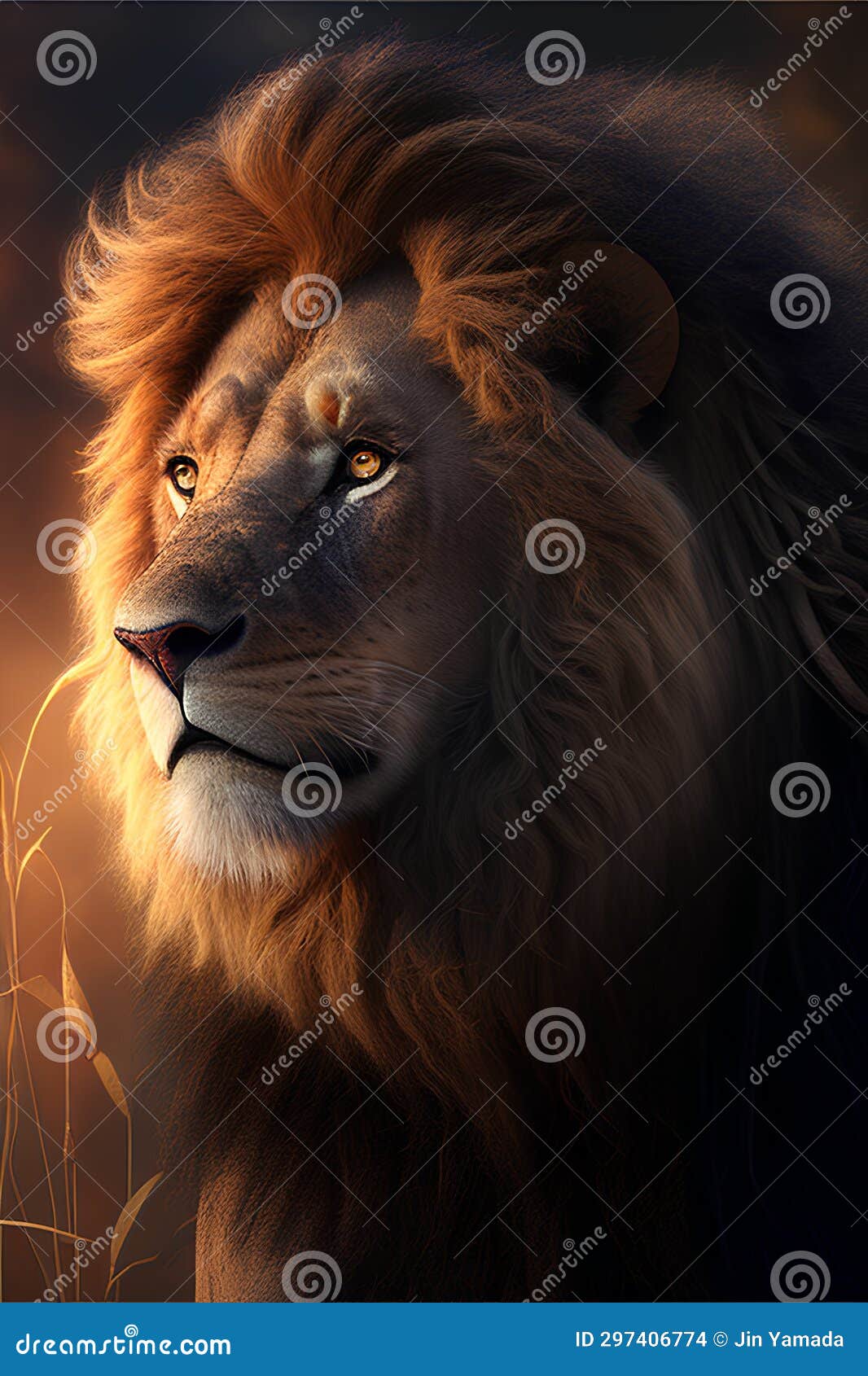 Lion with Long Mane on a Background of Dark Forest. Stock Photo - Image ...