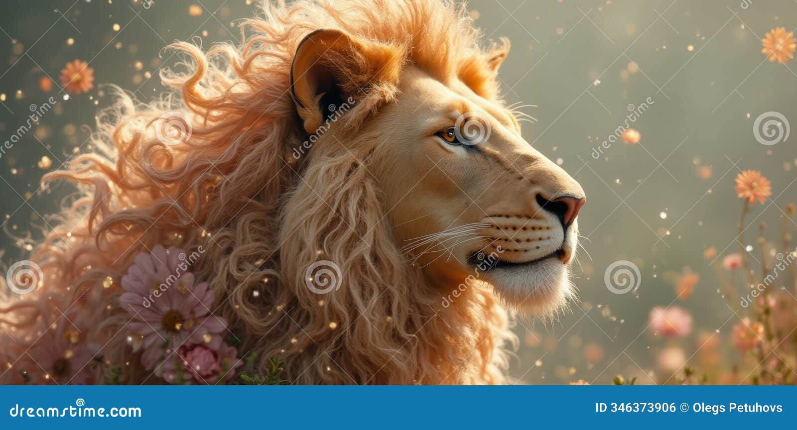 A Lion with Long Mane Standing in a Field of Flowers Stock Photo ...