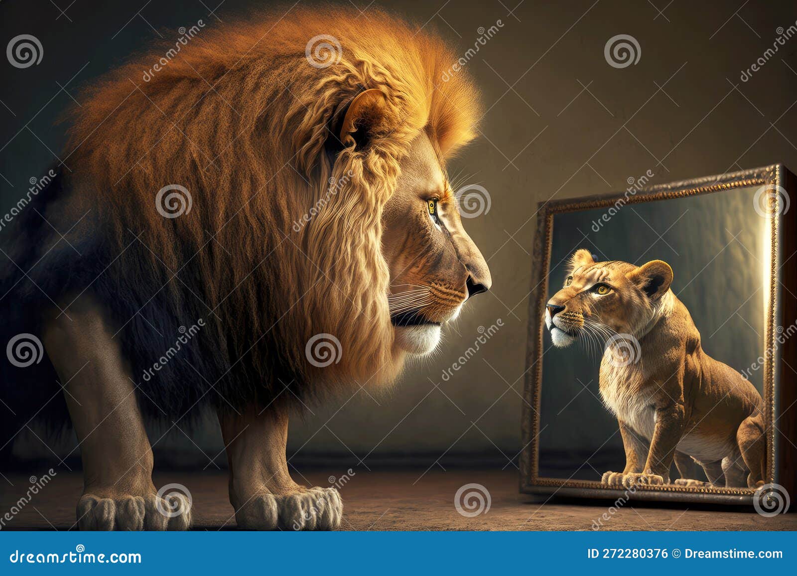 Lion Looking in Mirror and Seeing Itself As Small Cat Stock ... Lion Looking in Mirror and Seeing Itself As Small Cat Stock ...