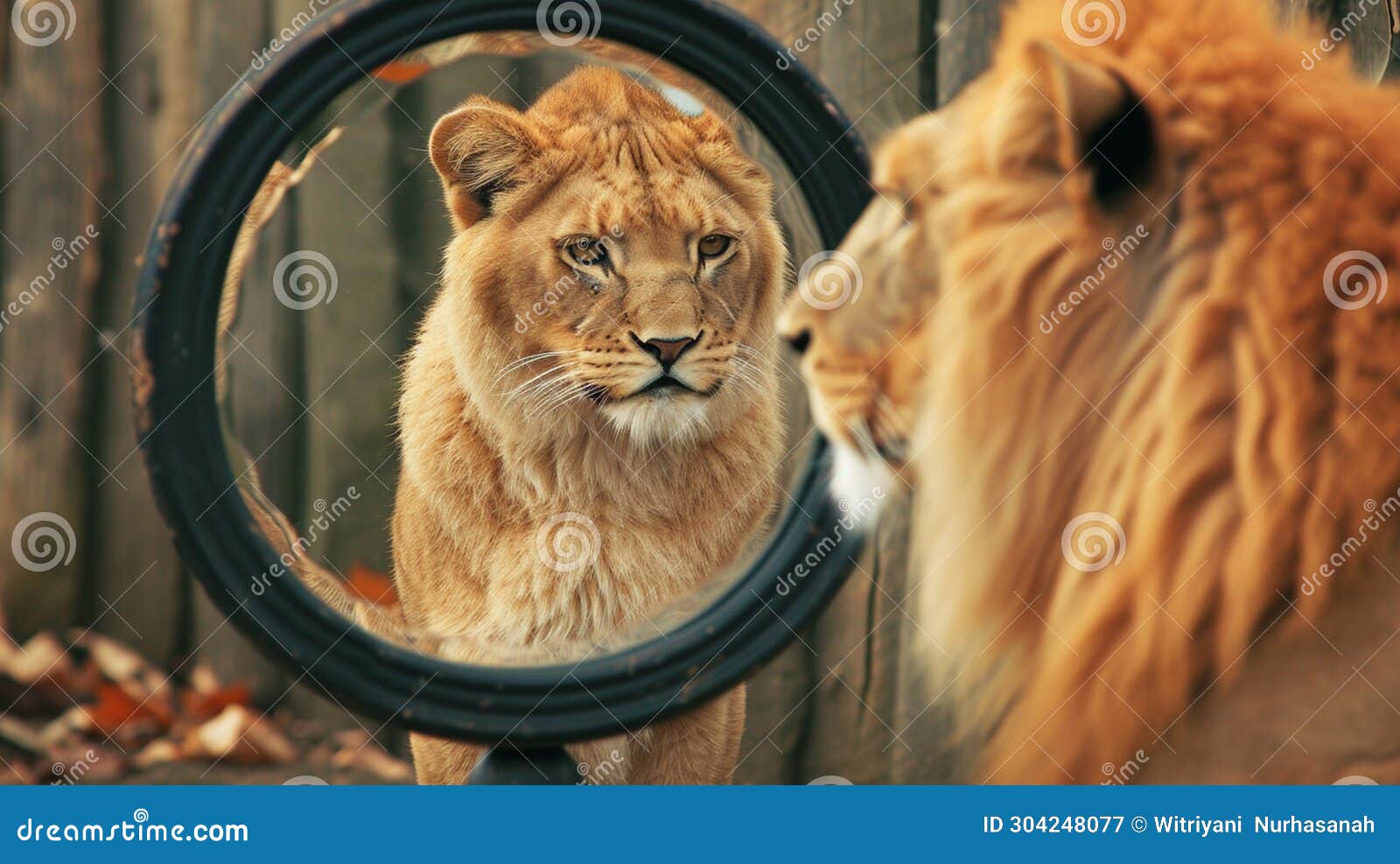 Lion Looking at Round Mirror, Male Lion Inside Mirror. Lion Cub Looking ...