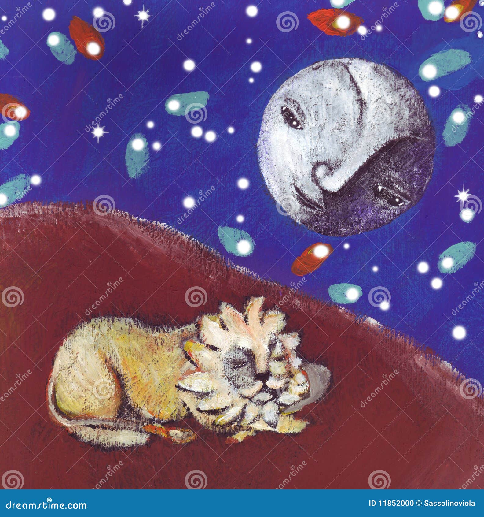 The Lion and the Moon in the Fantastic Desert Stock Illustration ...