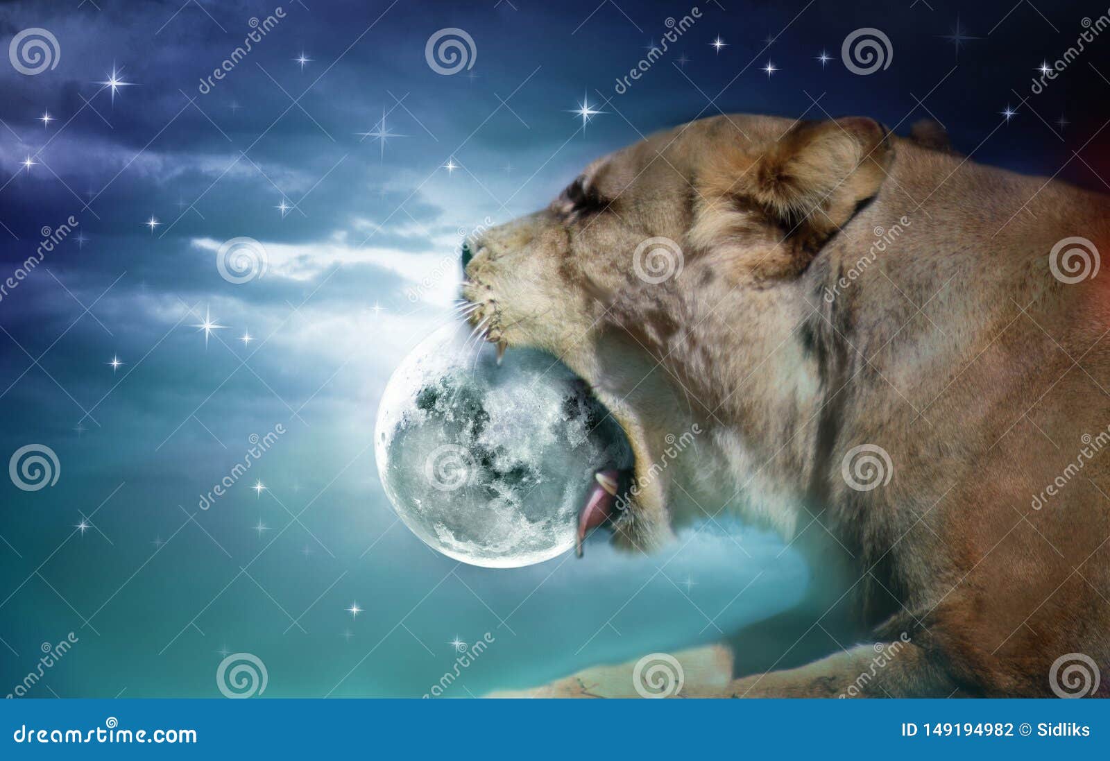Lion with moon stock photo. Image of fantasy, hold, fullmoon - 149194982