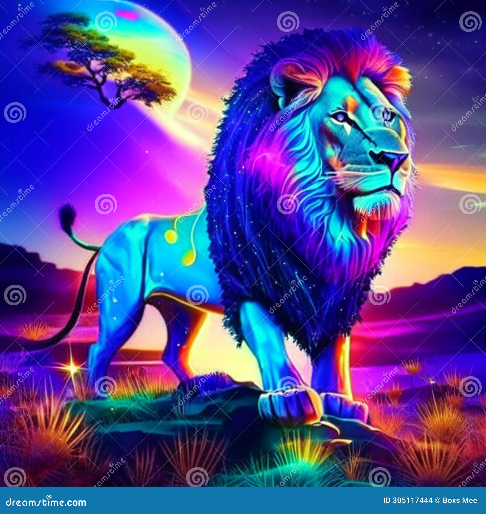 Lion in the Night Sky. 3d Rendering. Computer Digital Drawing Stock ...