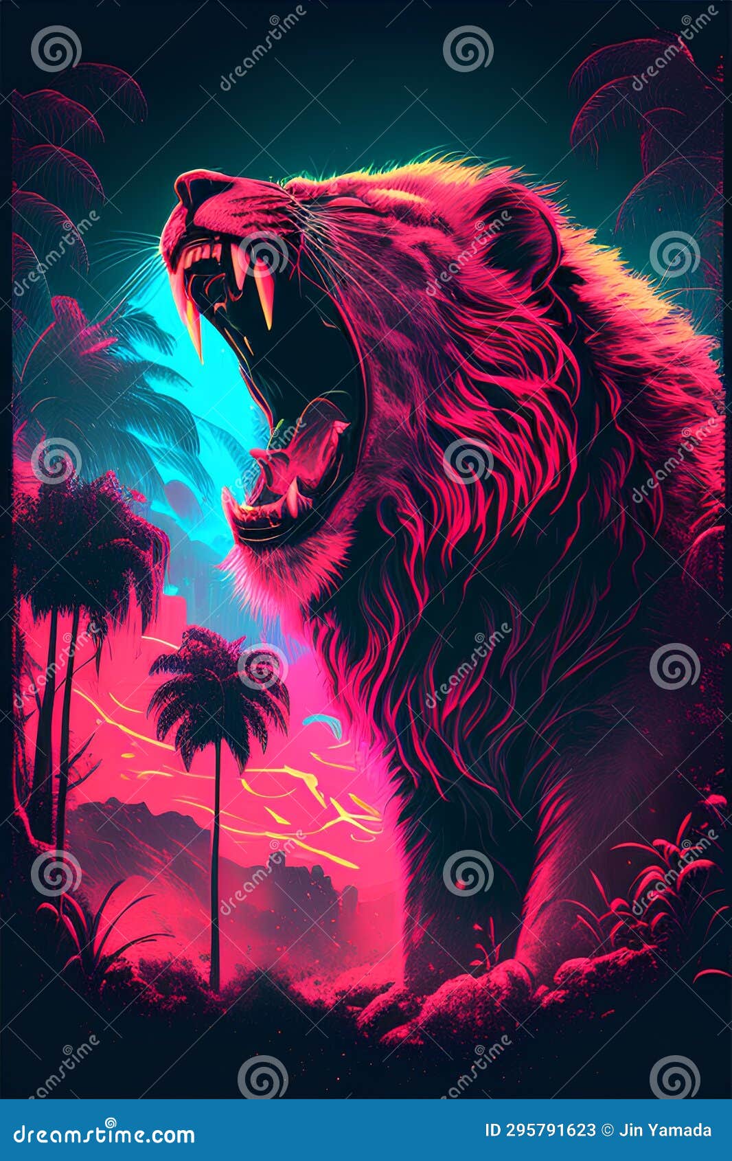 Lion and Palm Trees in the Night. Vector Illustration for Your Design ...