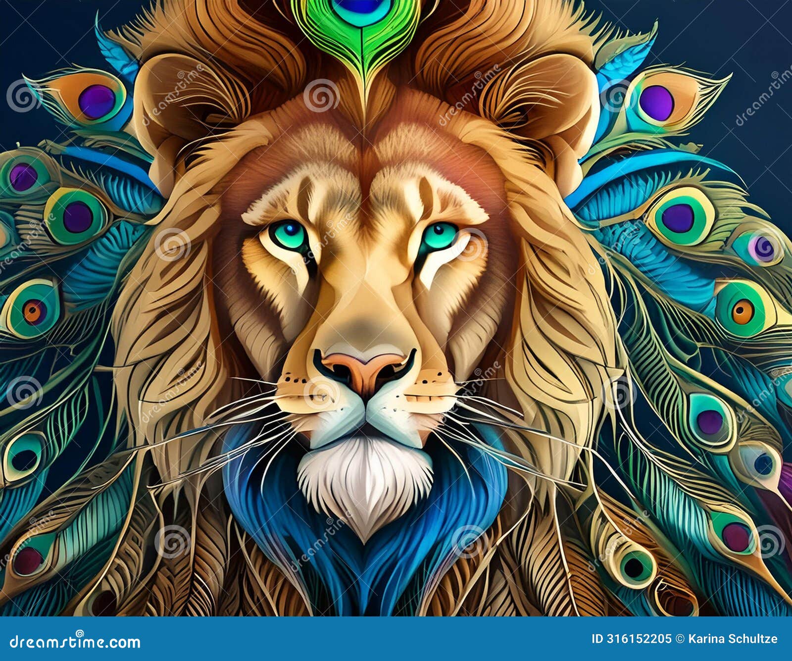 A Lion with a Peacock Feather on Its Head Stock Illustration - Illustration of african, wildlife ...