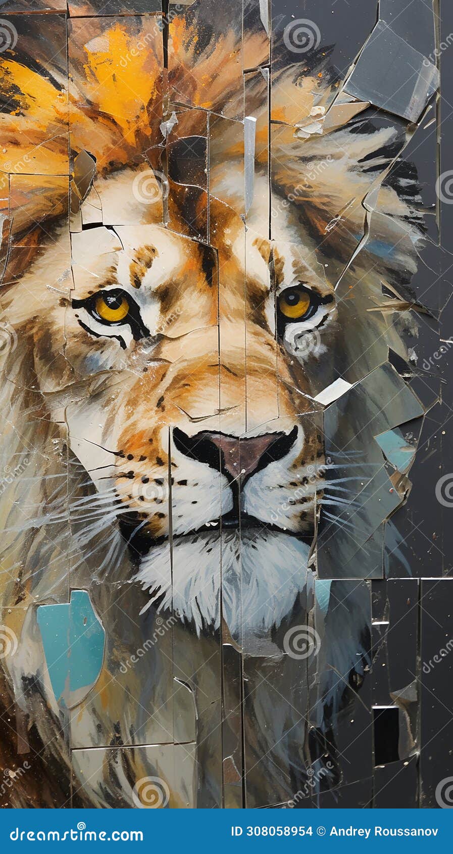 Lion Portrait on the Wall of a Building with Broken Glass Stock ...
