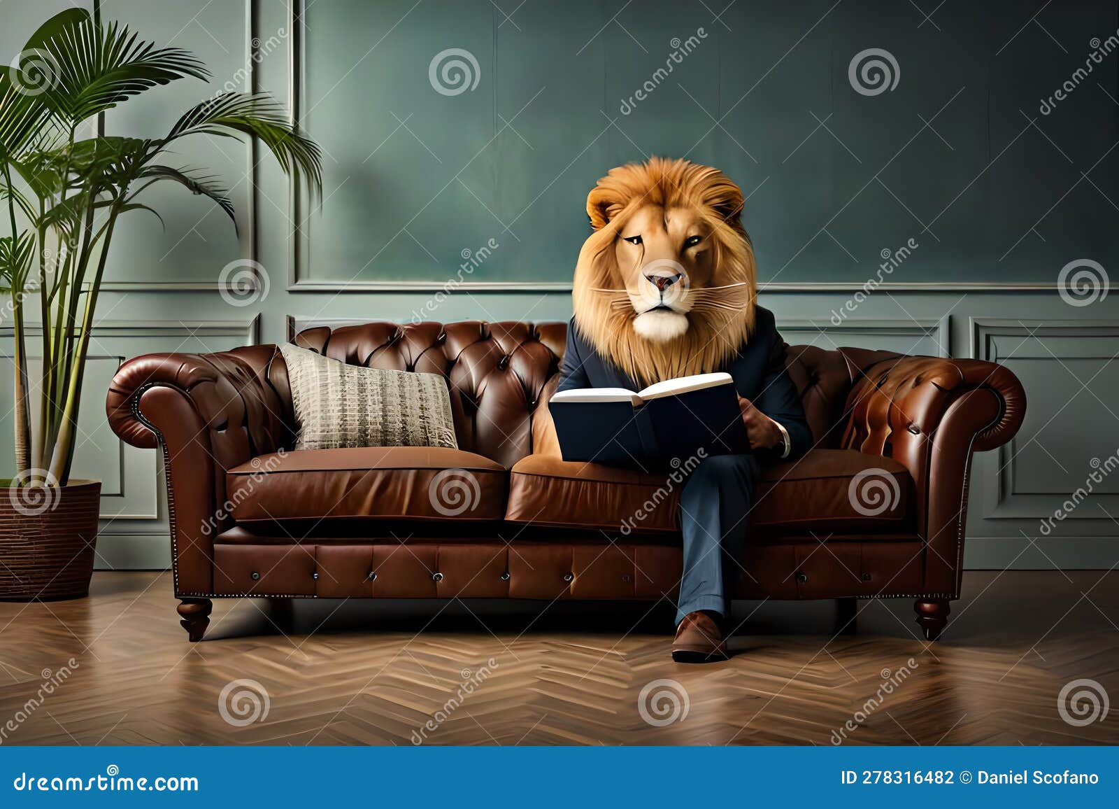 Lion Reading Book on Sofa, Learning and Knowladge Concept. Generative ...