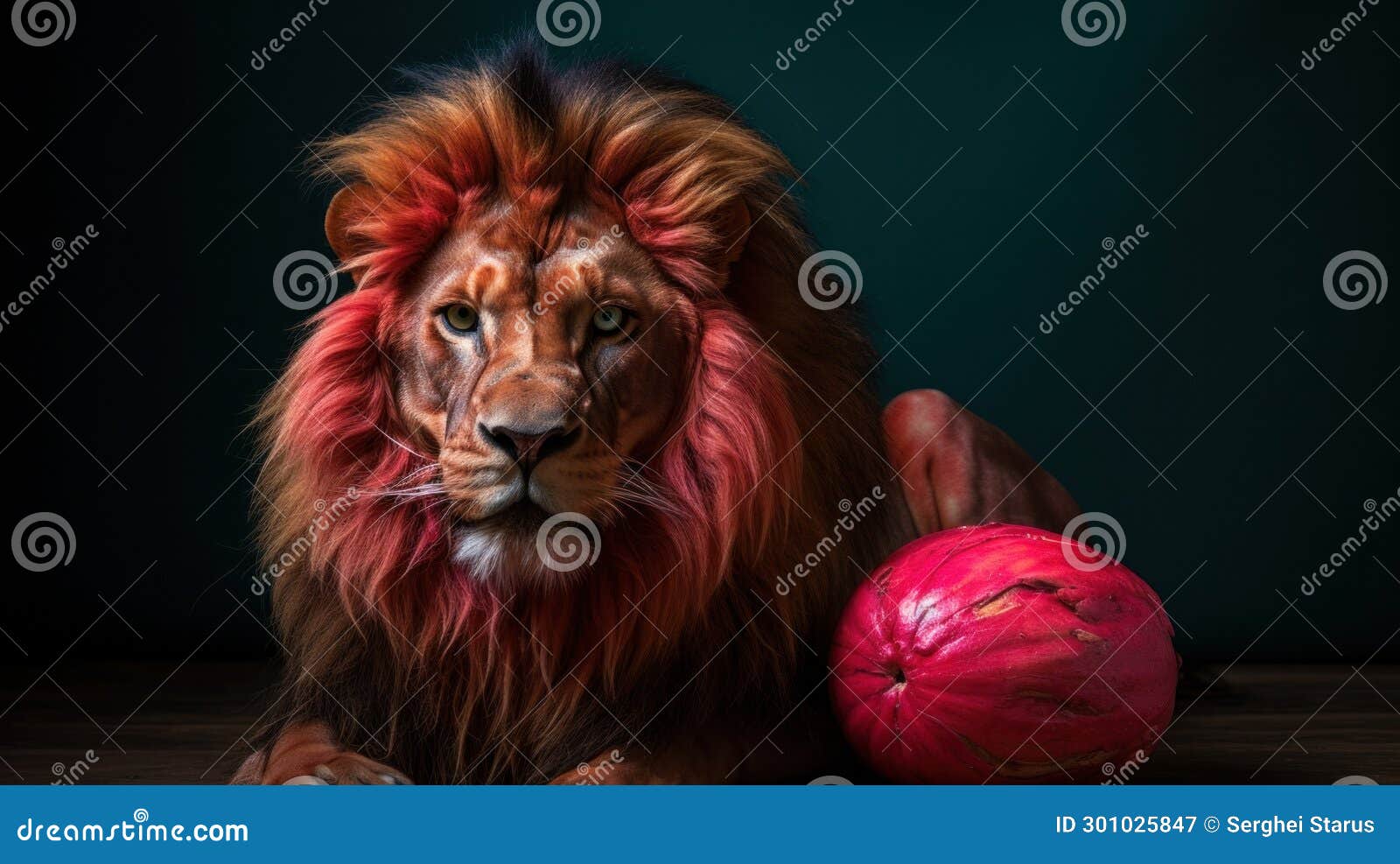 A Lion with a Red Mane and Tail Next To an Orange Ball, AI Stock ...