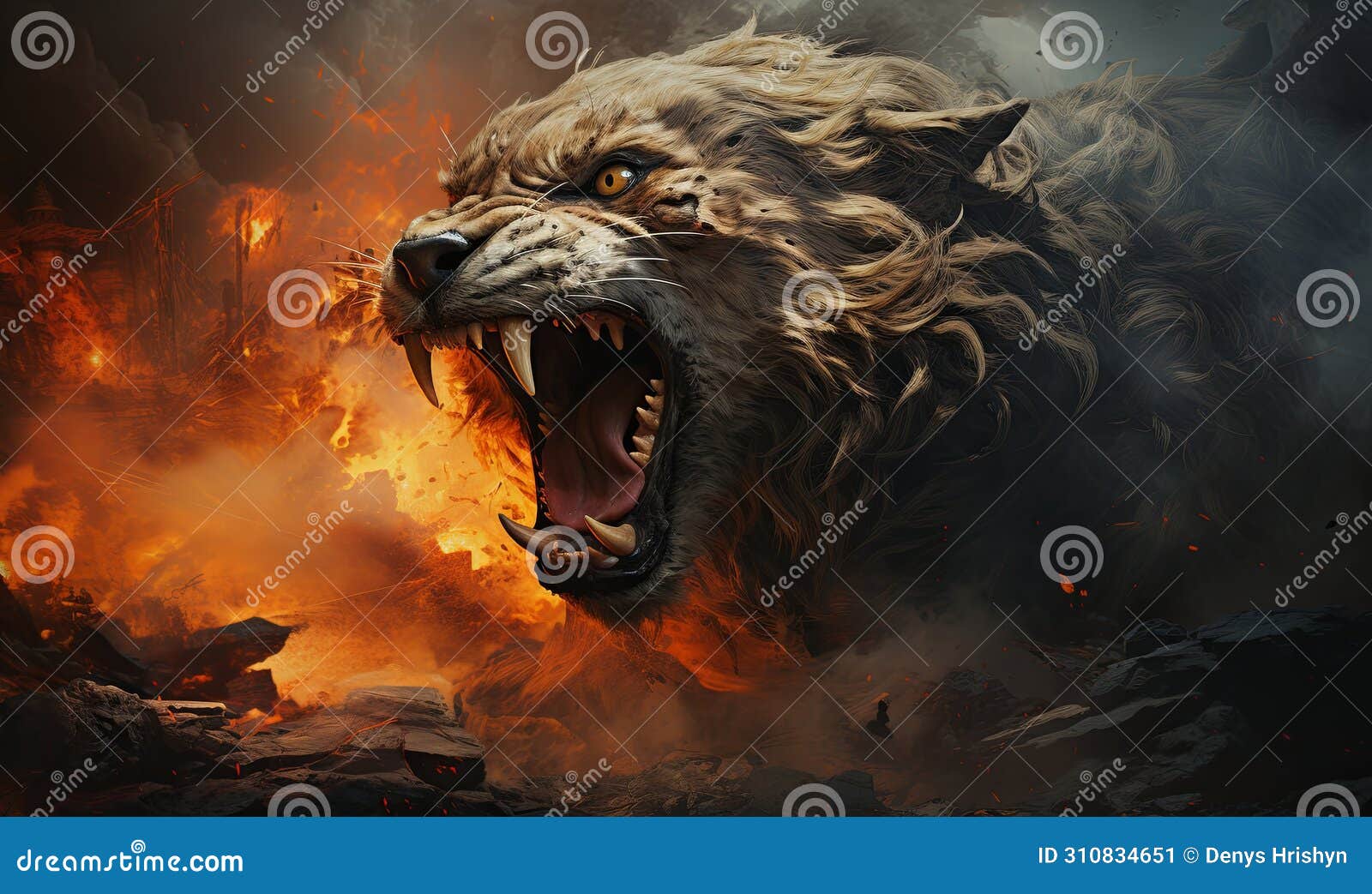 Lion Roaring in Front of Fire Stock Image - Image of apex, intense ...