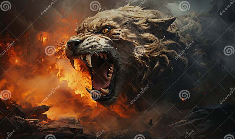 Lion Roaring in Front of Fire Stock Image - Image of apex, intense ...