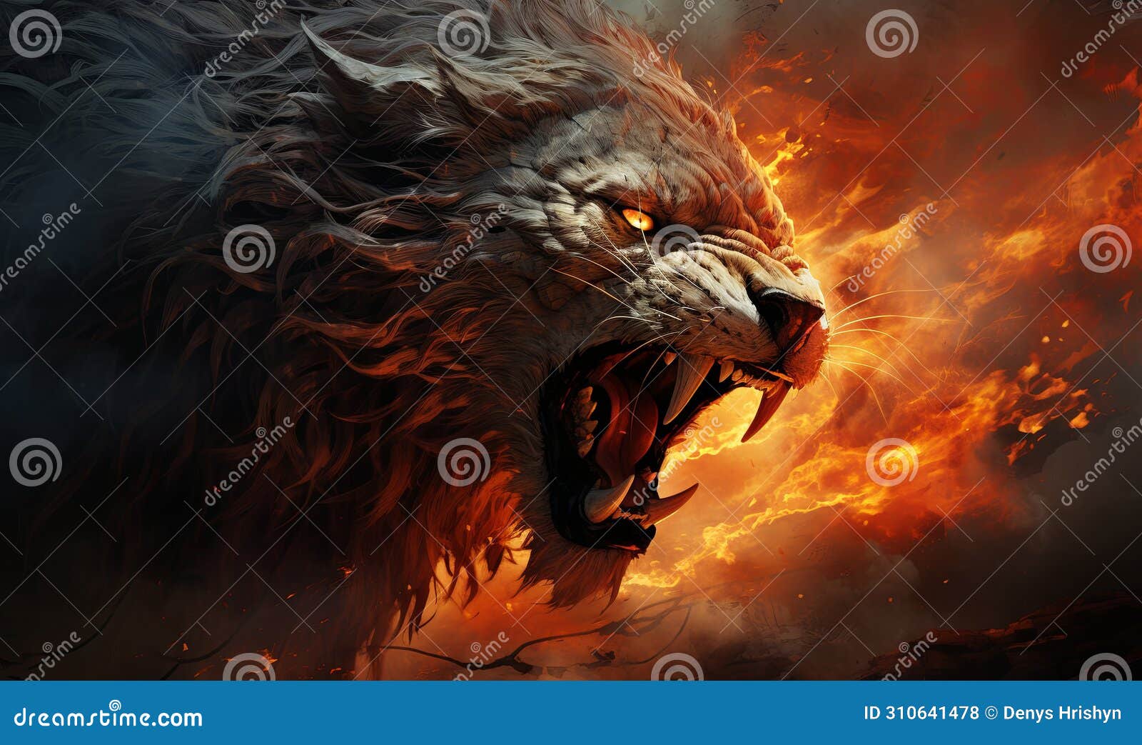 Lion Roaring in Front of Fire Stock Photo - Image of danger, burning ...