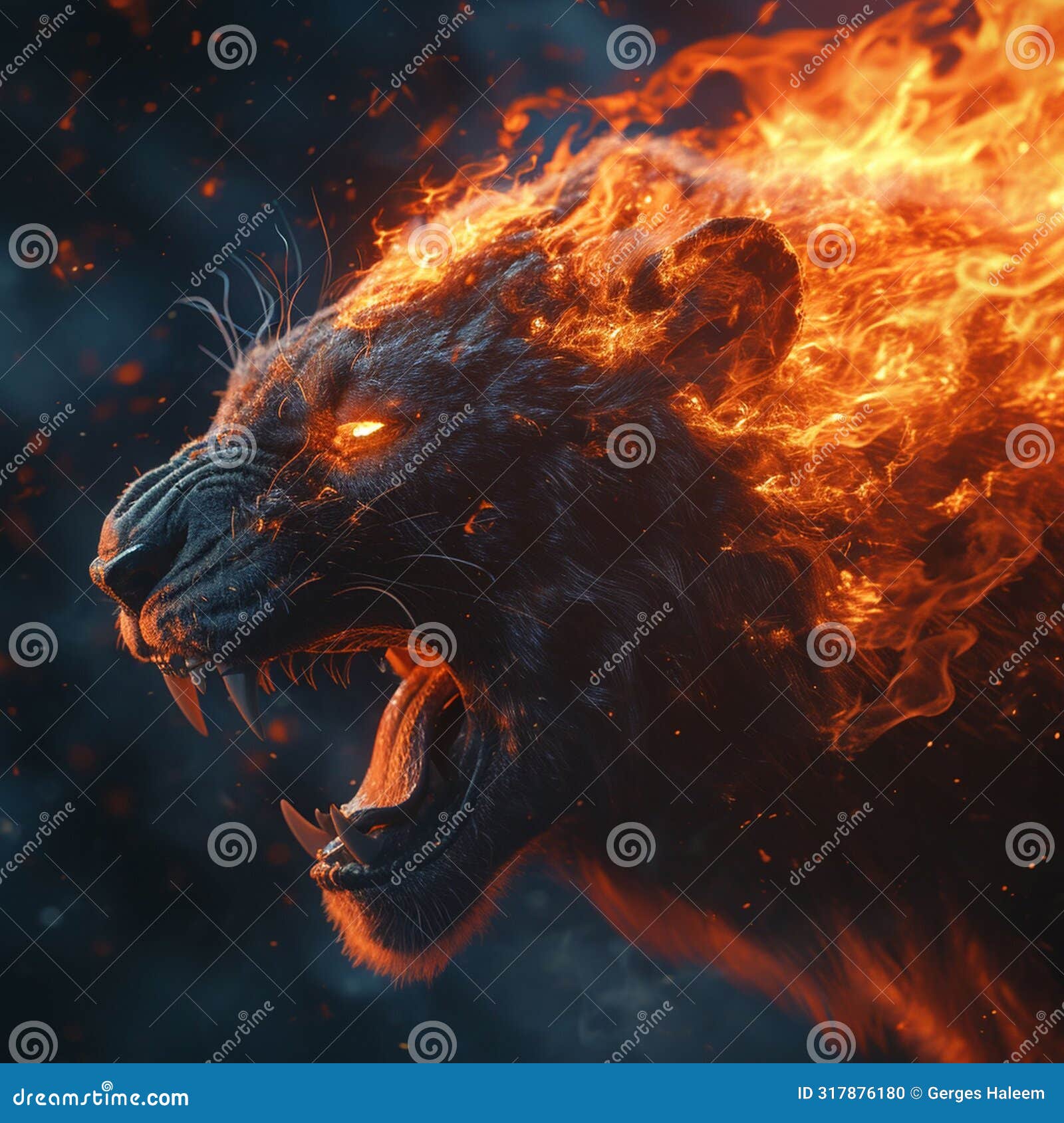 Lion Roaring in Front of Fire Stock Illustration - Illustration of ...