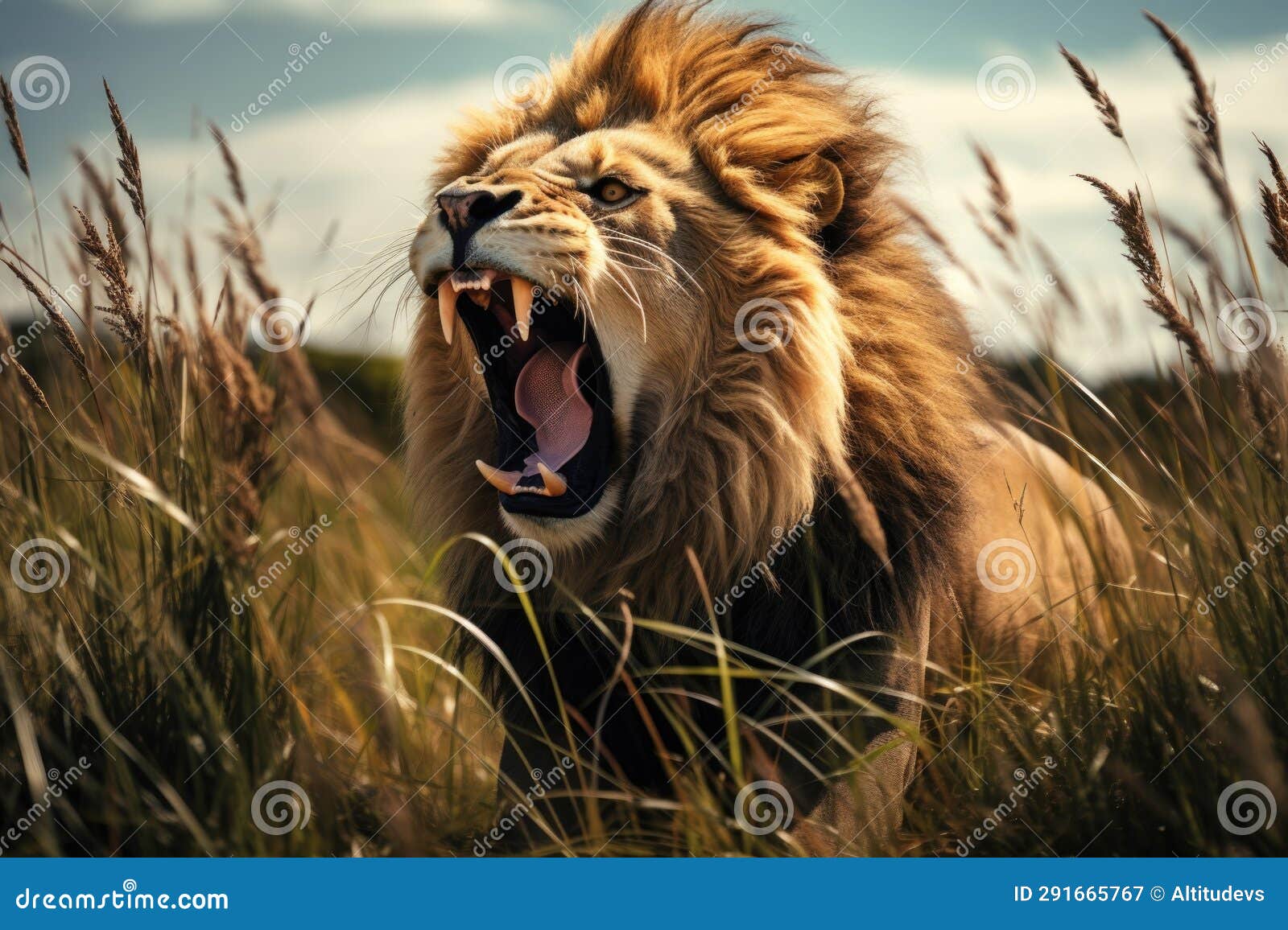 Lion Roaring in a Grassy Field Stock Image - Image of powerful, king ...