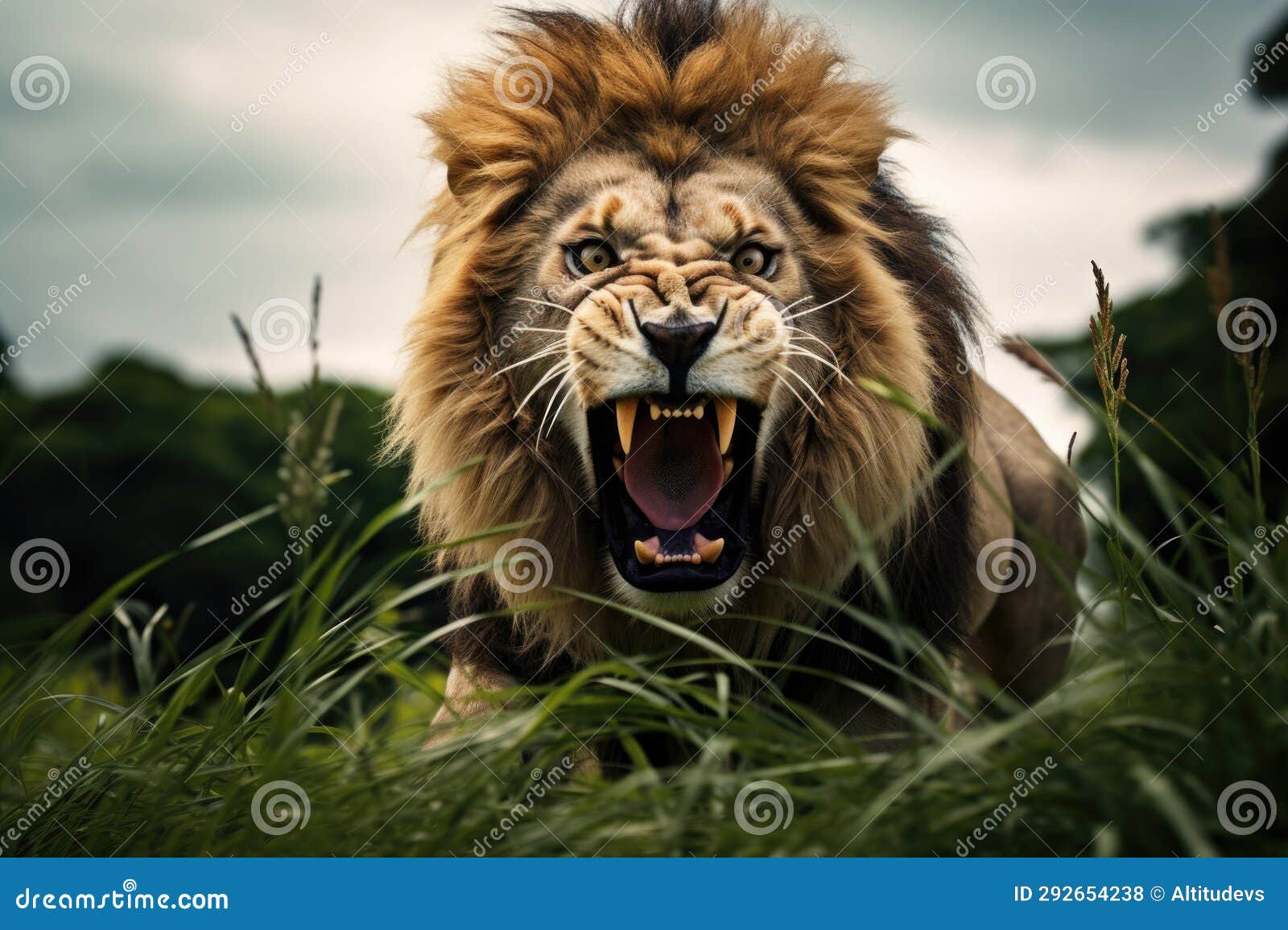 Lion Roaring in a Grassy Field Stock Photo - Image of field, lion ...