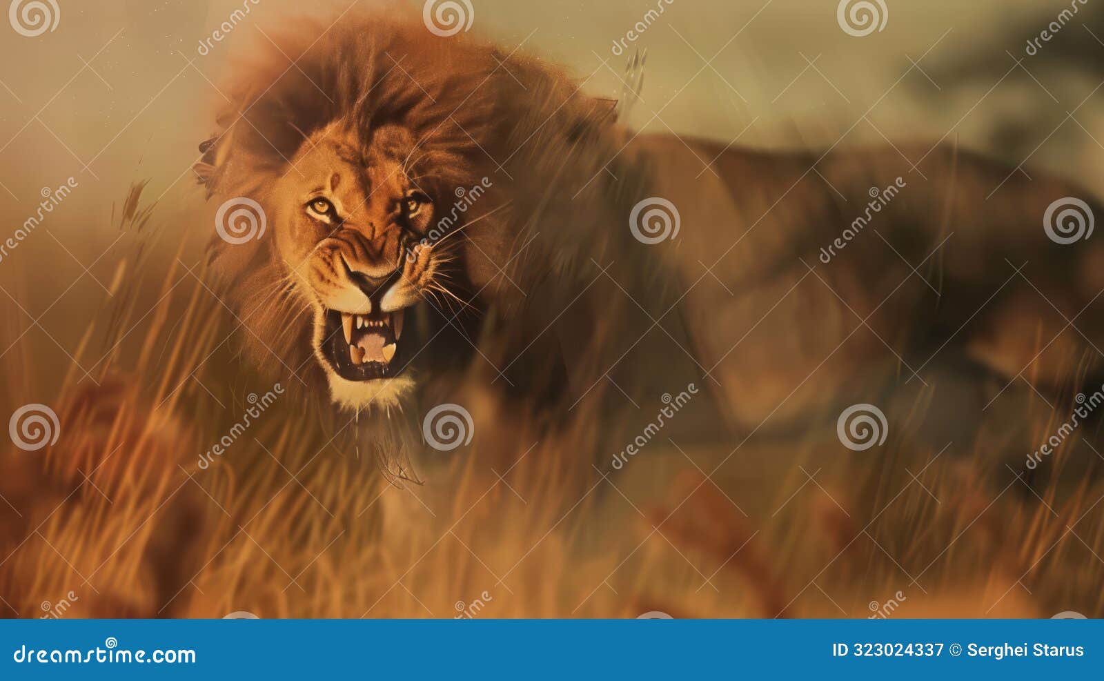 A Lion is Roaring in the Tall Grass of a Field, AI Stock Image - Image ...