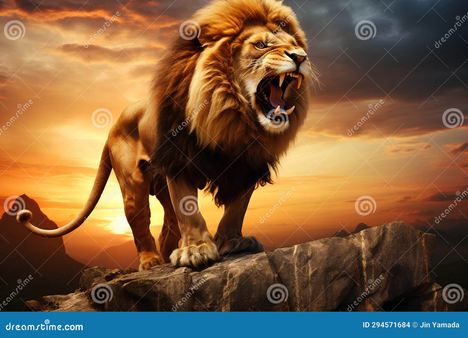 Lion Roaring on Top of the Rock at Sunset. 3d Render Stock Illustration ...