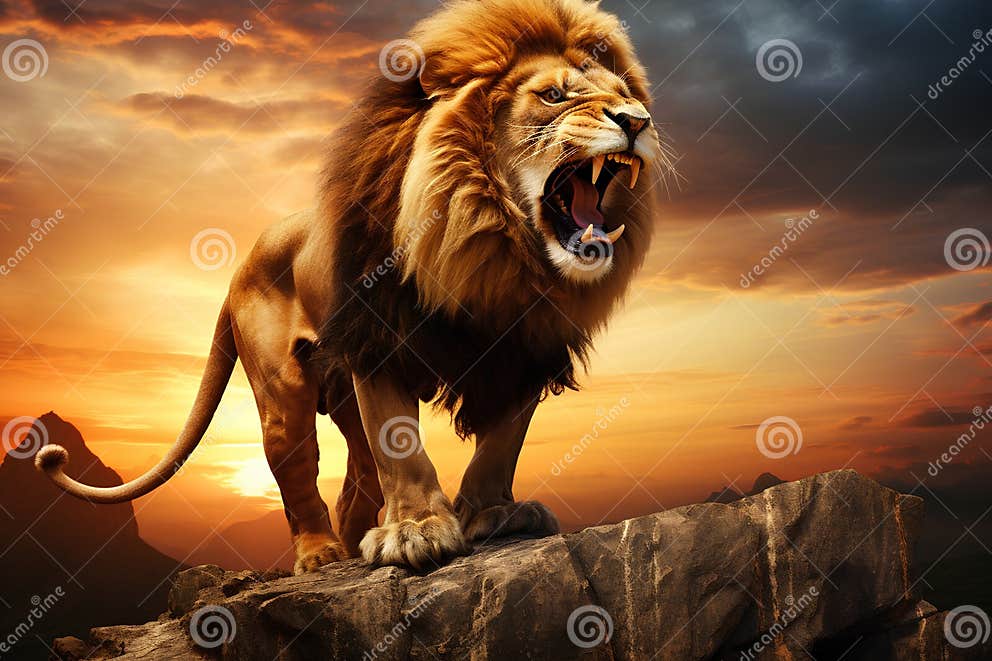 Lion Roaring on Top of the Rock at Sunset. 3d Render Stock Illustration ...