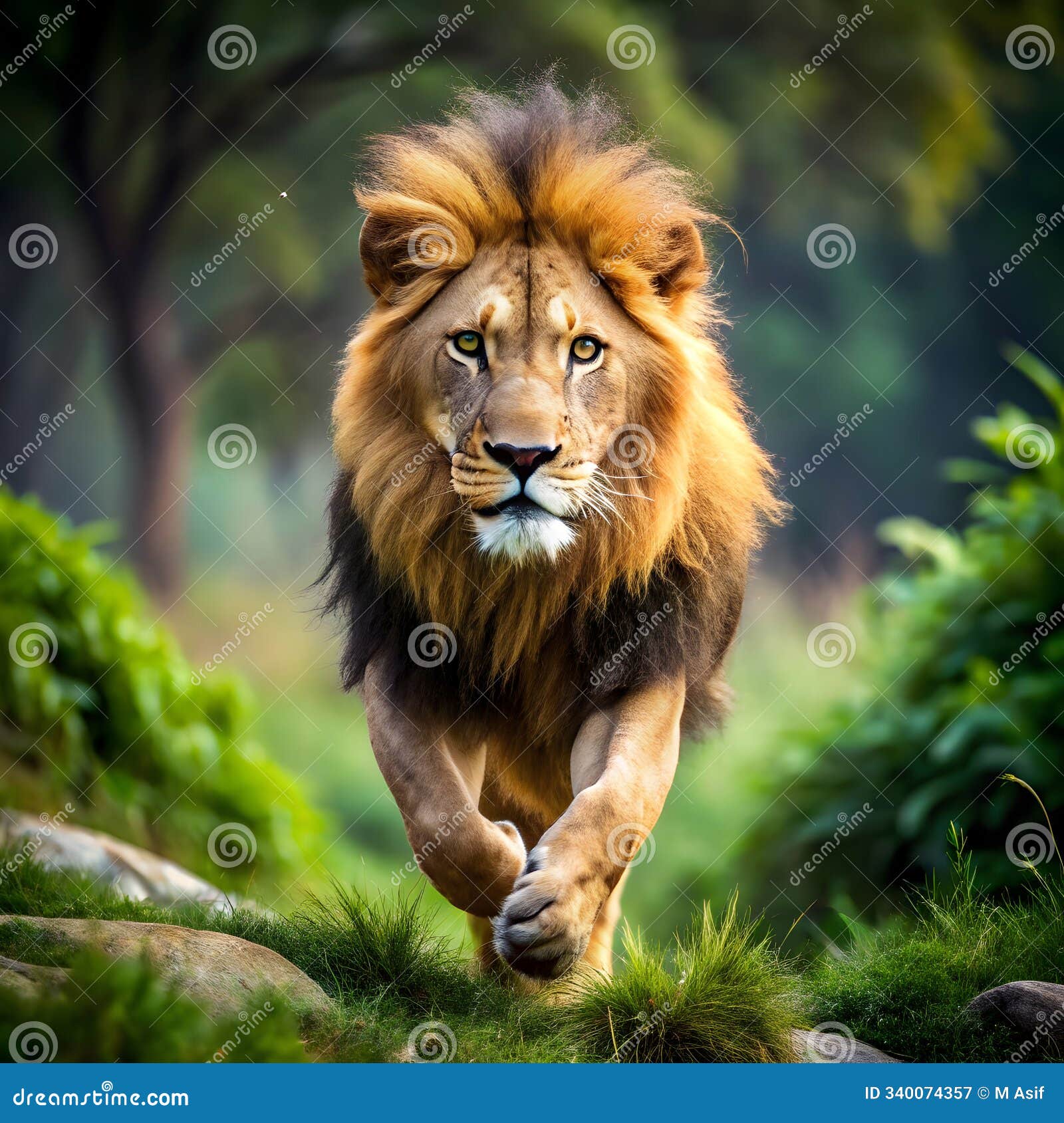 Lion run in jungle stock illustration. Illustration of animal - 340074357