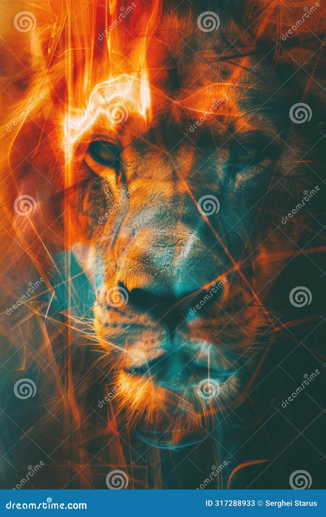 A Lion S Face is Shown in a Photo with an Orange Filter, AI Stock Image ...