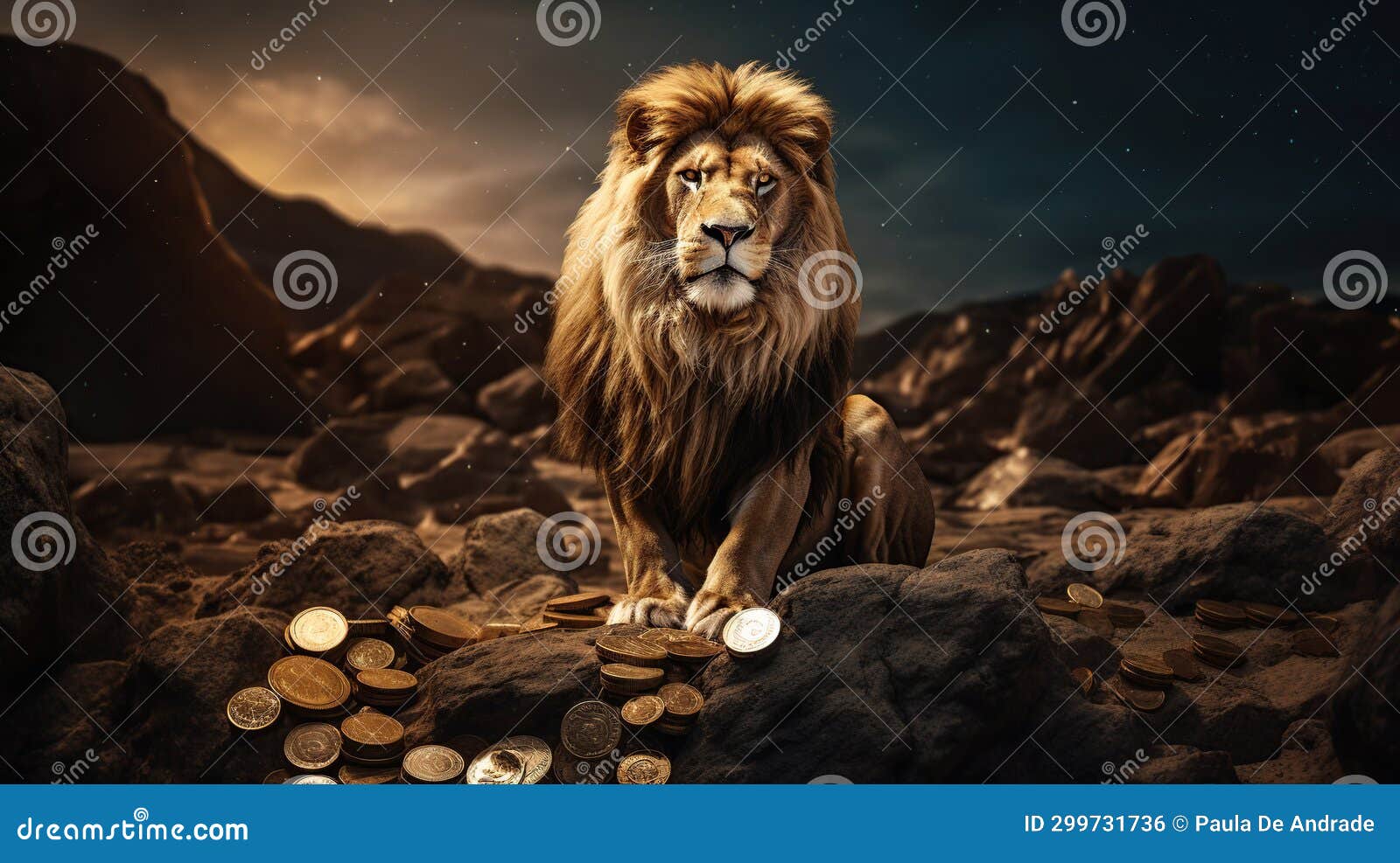 Lion several gold coins stock photo. Image of money - 299731736