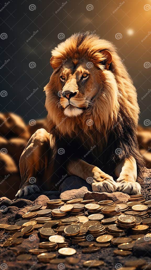 Lion several gold coins stock illustration. Illustration of concept ...