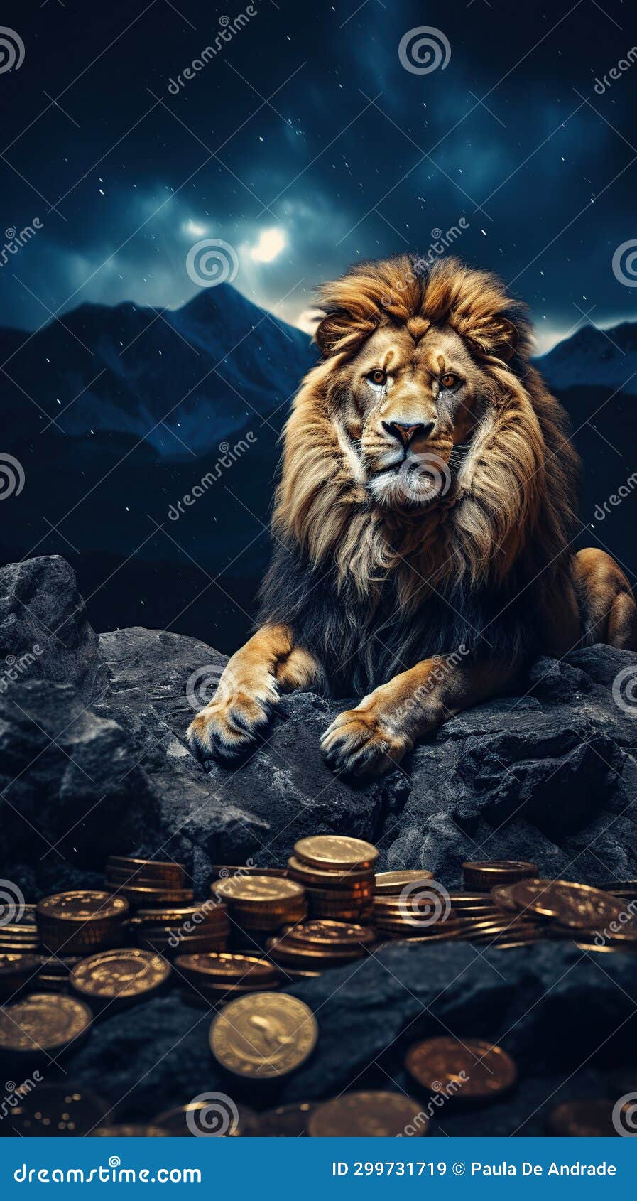 Lion Several Gold Coins on Moon Light Stock Illustration - Illustration ...